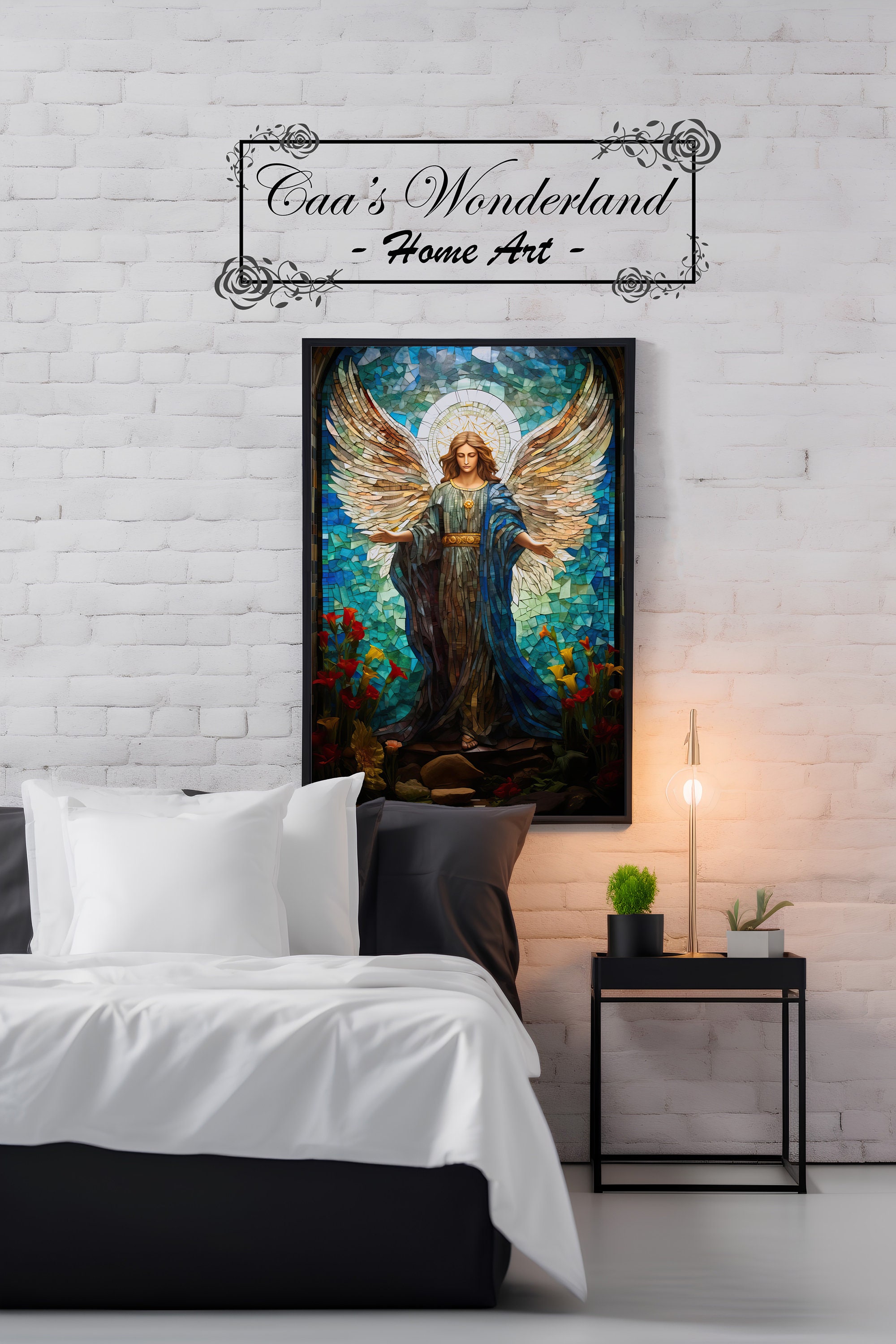 Mosaic Tiles Blue Angel Wall Art, Christian Faux Stained Glass ...