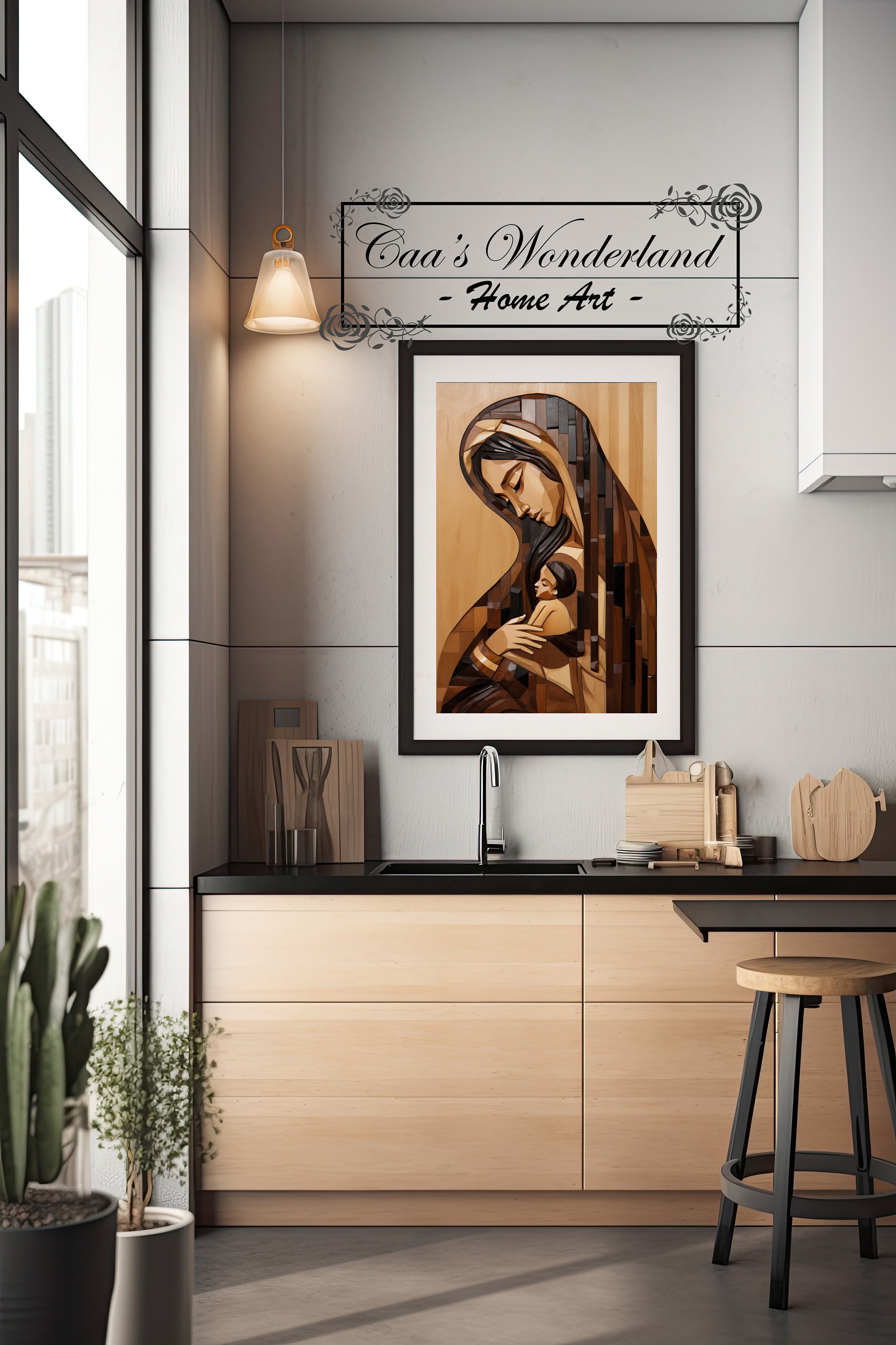 Mother Mary Wood Inlay Wall Art Digital Download, Christian Faux Veneer ...