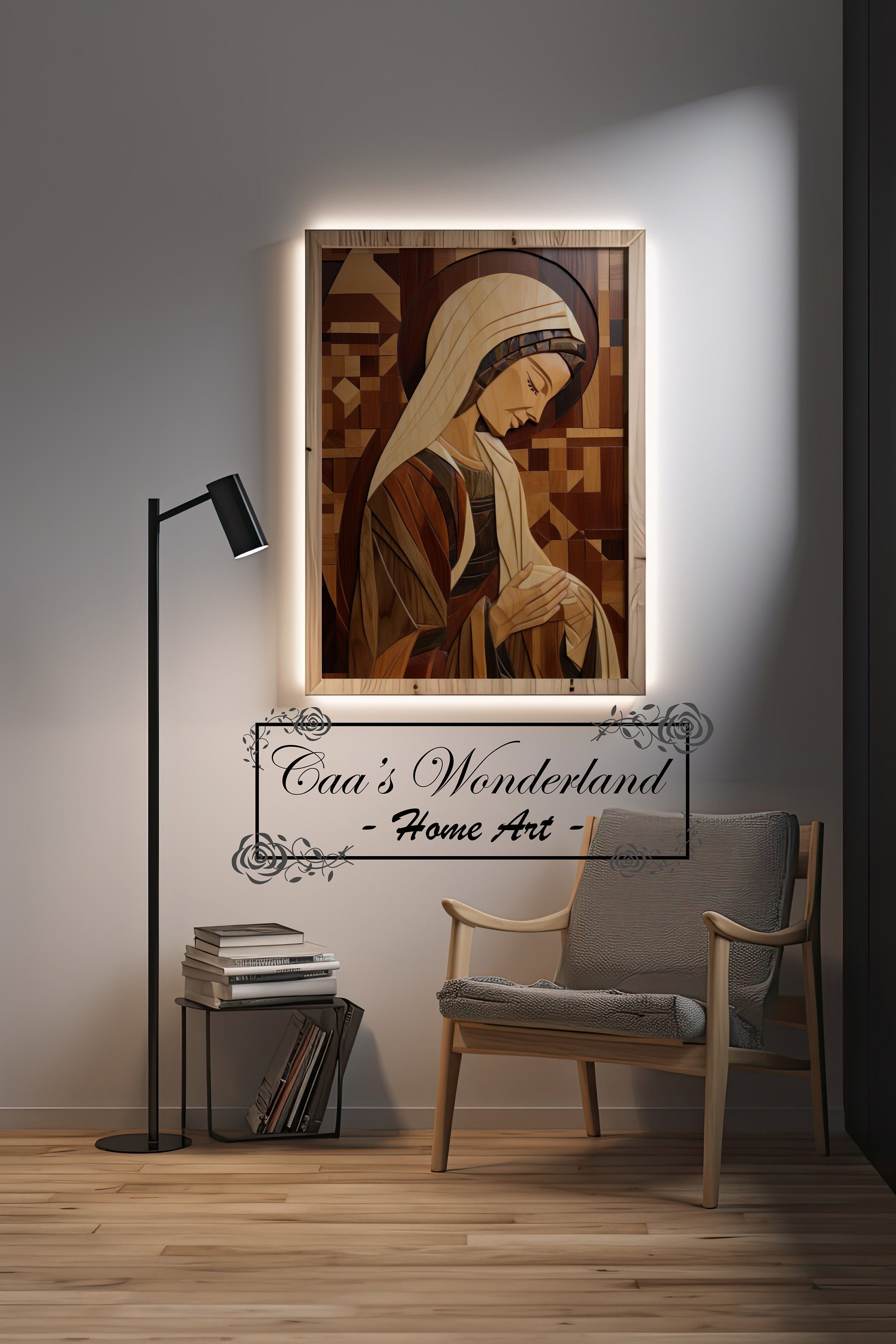 Virgin Mary Wood Inlay Wall Art Digital Download, Christian Faux Veneer ...