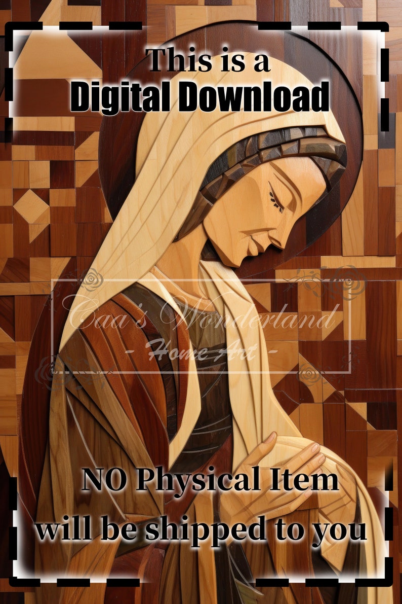 Virgin Mary Wood Inlay Wall Art Digital Download, Christian Faux Veneer ...