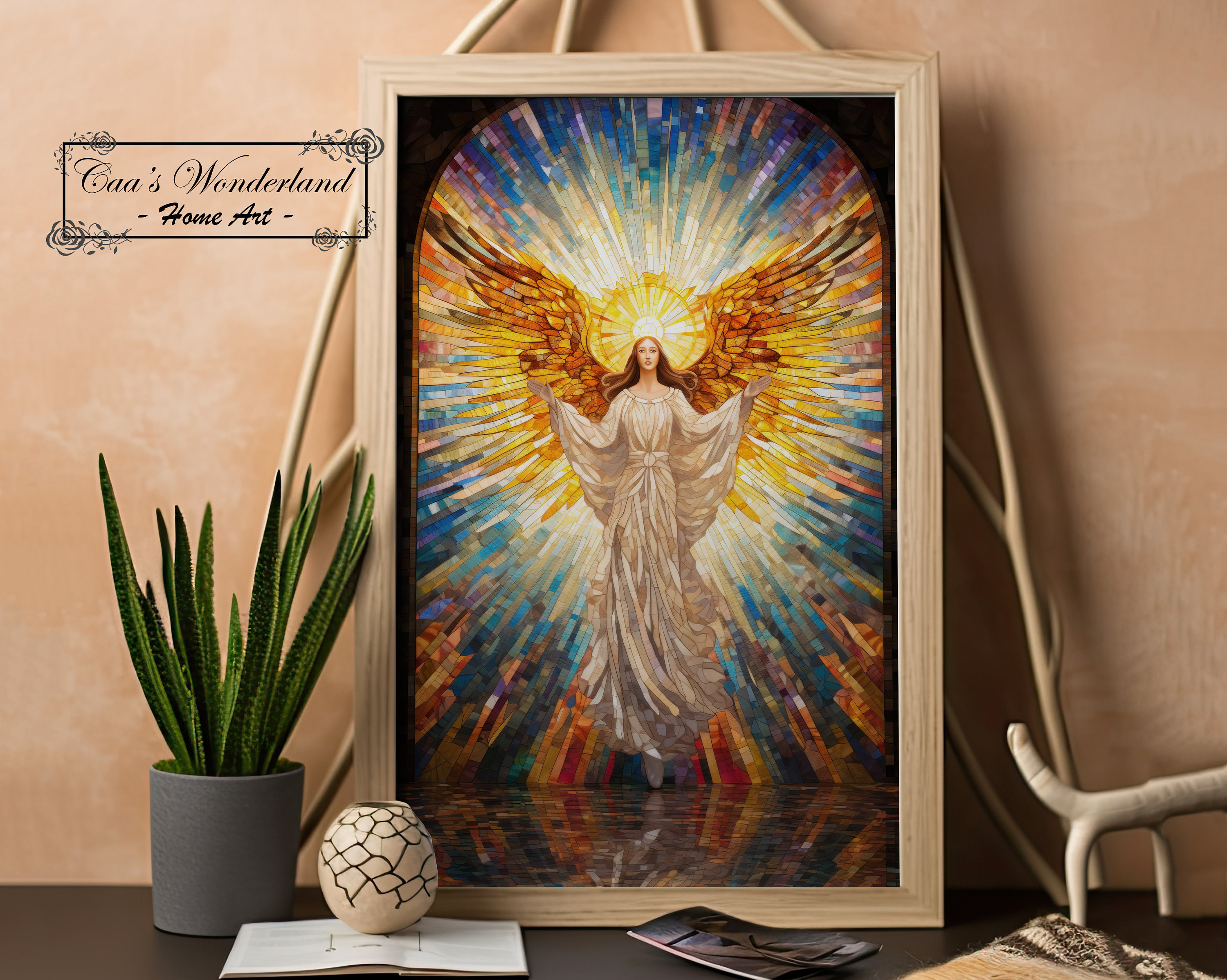 Mosaic Tiles Window Angel Wall Art, Christian Faux Stained Glass ...