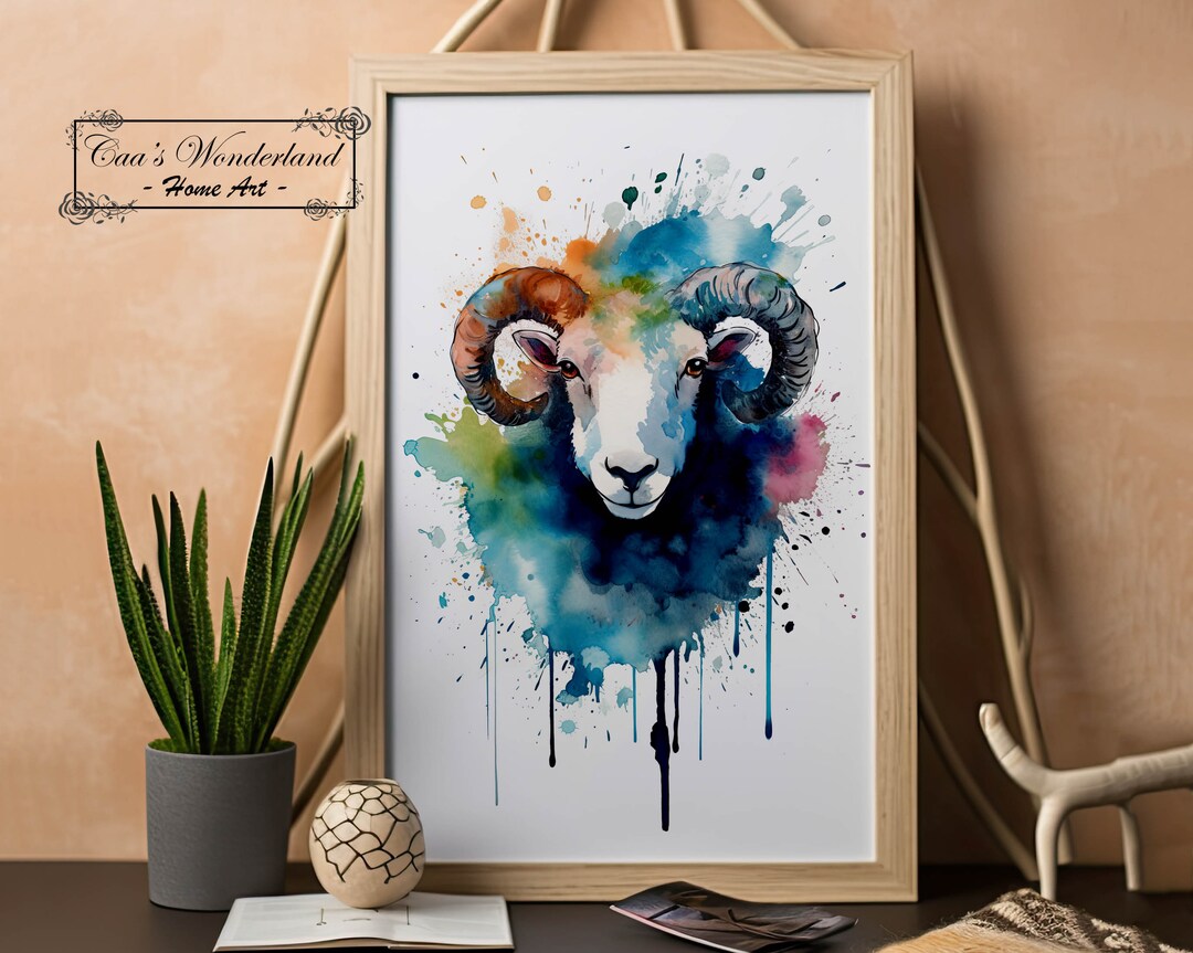 Ram Watercolor Painting Digital Wall Art, Vibrant Adorable Nursery ...
