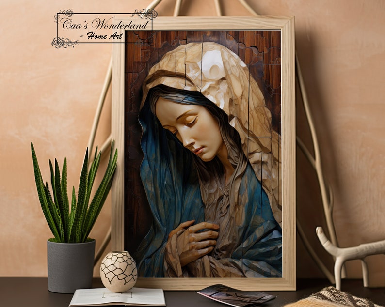 Virgin Mary Bas-relief Sculpture Digital Wall Art, Painted Illusionary ...