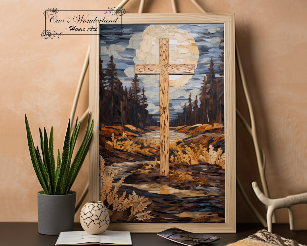 Cross Wood Inlay Wall Art Digital Download, Christian Faux Veneer ...