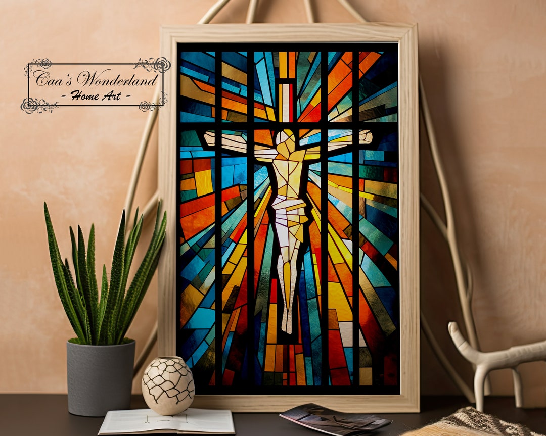 Crucifix Stained Glass Wall Art, Christian Faux Stained Glass ...