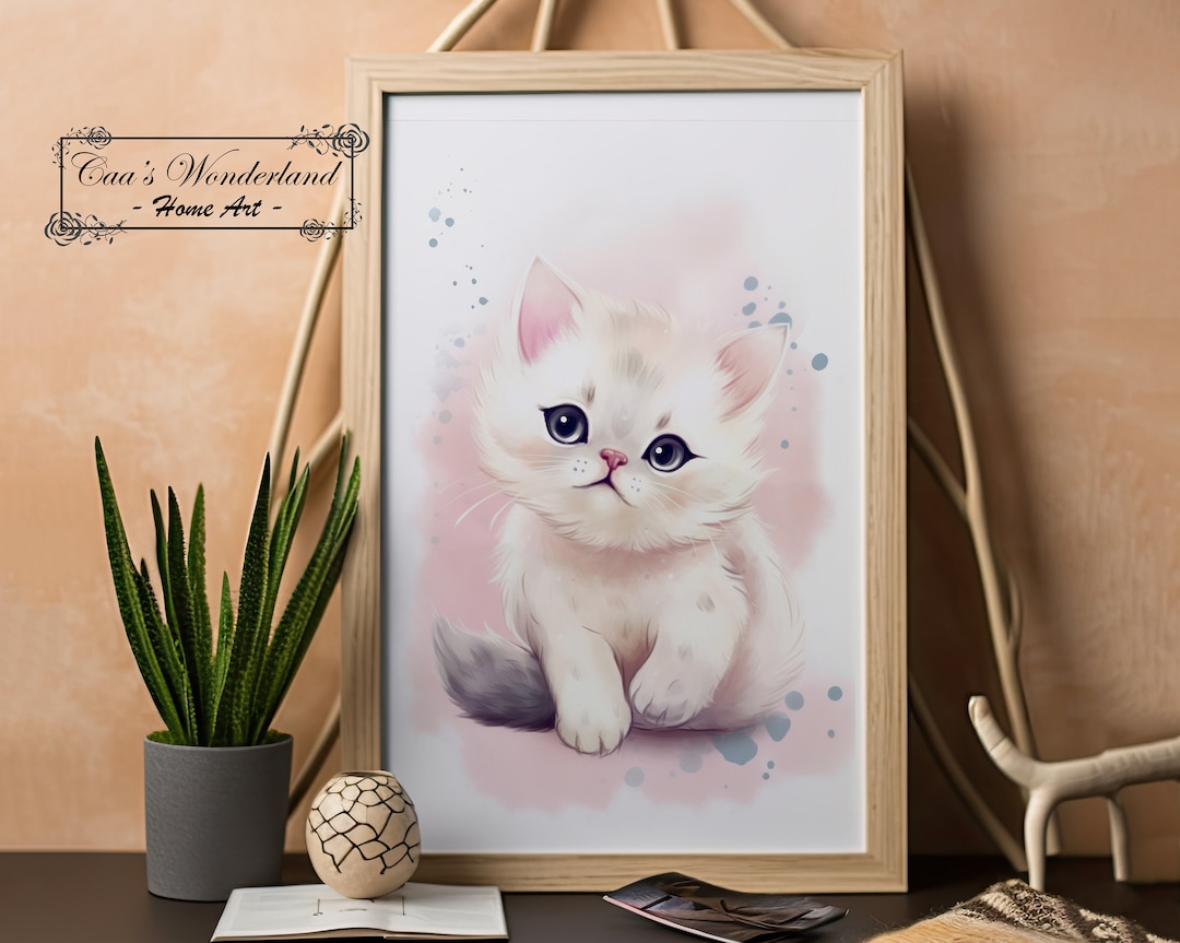 Baby Kitten Watercolor Painting Digital Wall Art, Vibrant Adorable ...