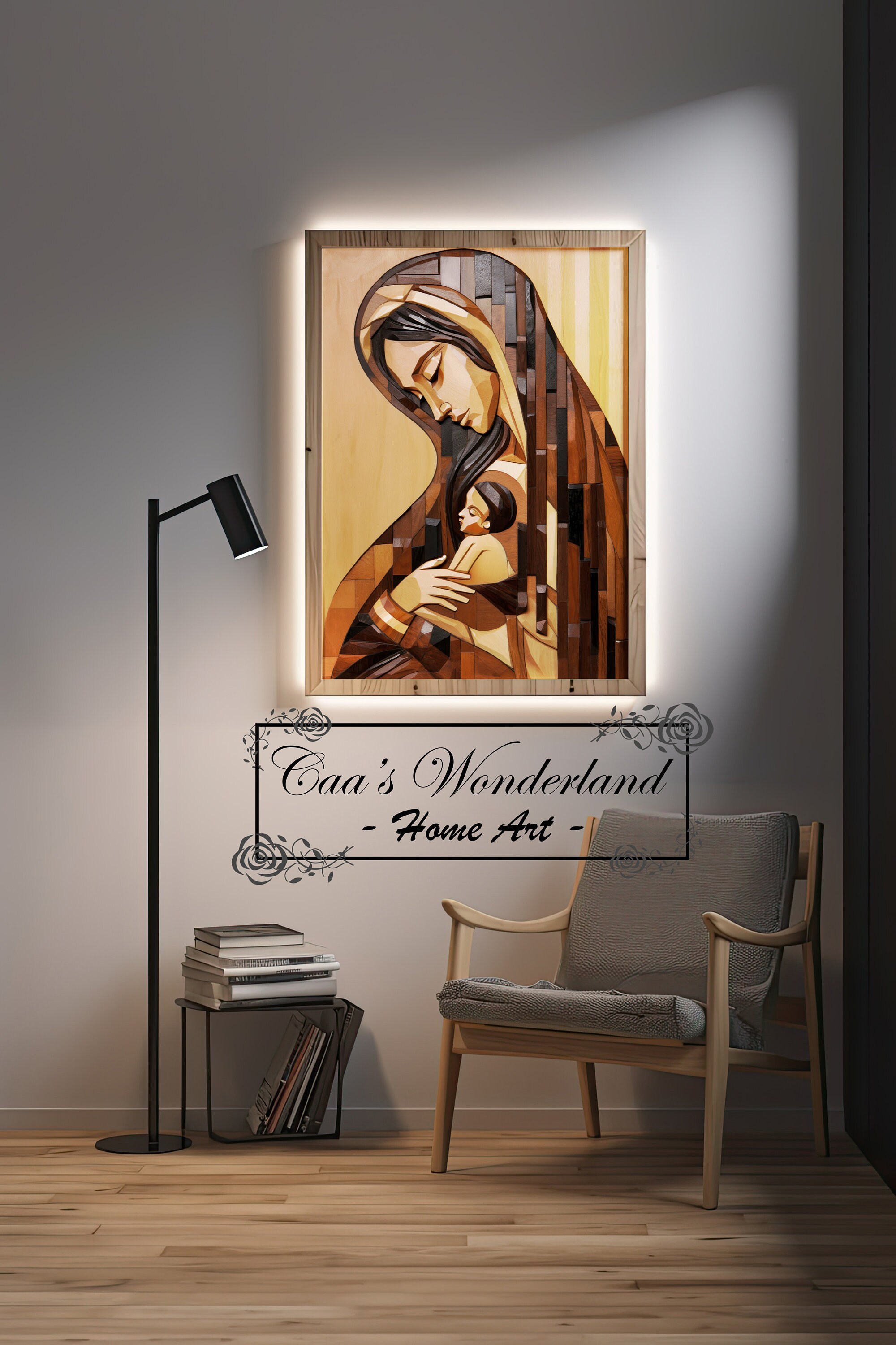 Mother Mary Wood Inlay Wall Art Digital Download, Christian Faux Veneer ...