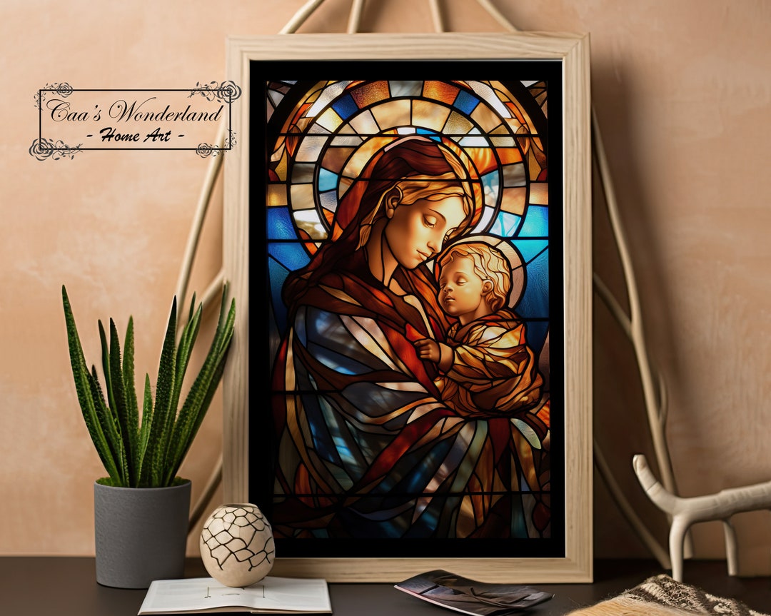 Mother Mary Stained Glass Wall Art, Christian Faux Stained Glass ...