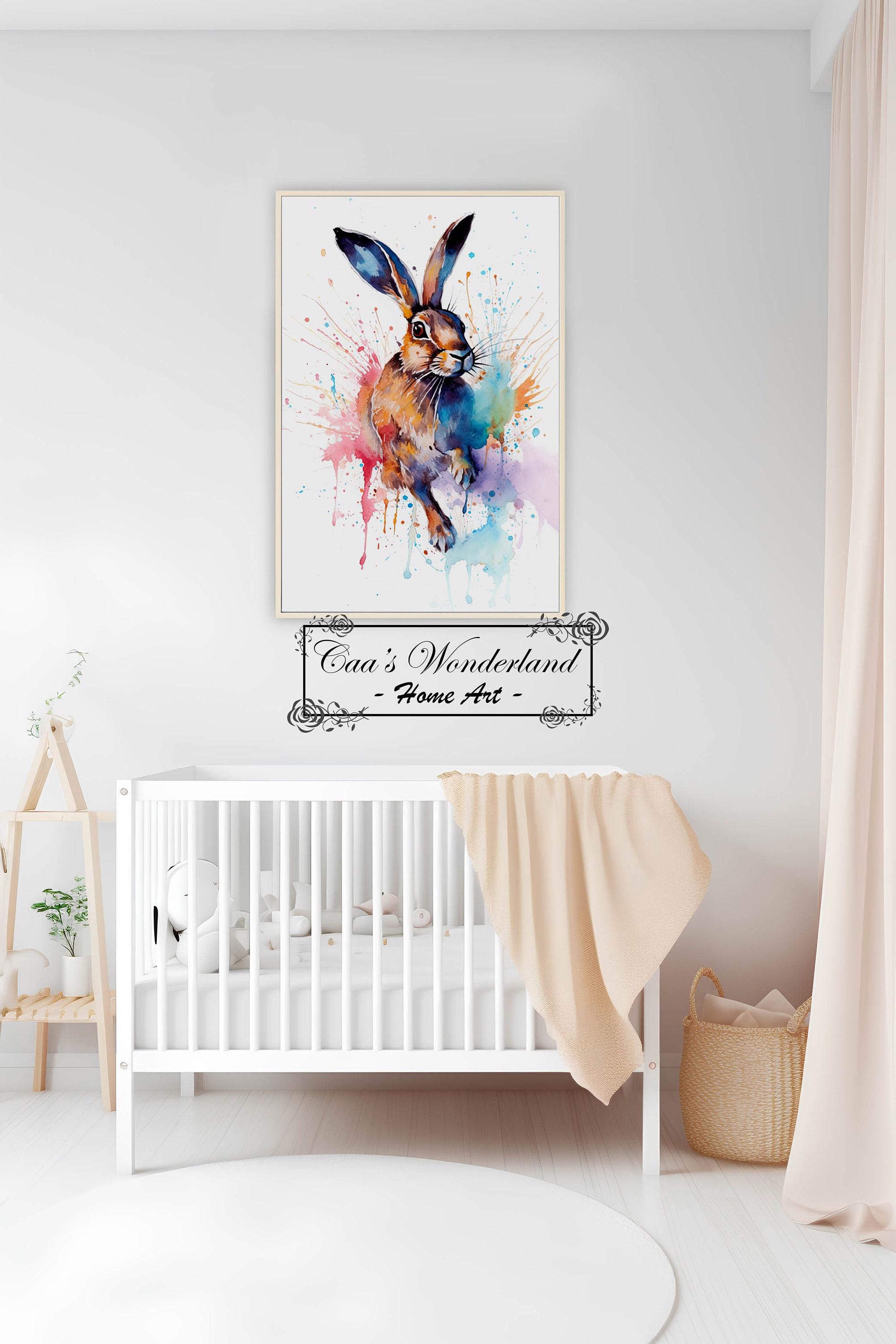 Rabbit Watercolor Painting Digital Wall Art, Vibrant Adorable Nursery ...