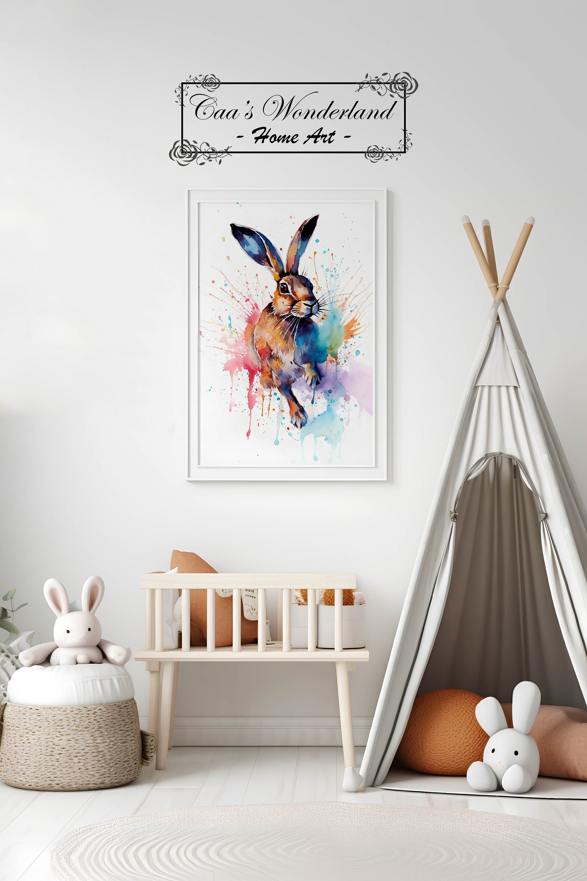Rabbit Watercolor Painting Digital Wall Art, Vibrant Adorable Nursery ...