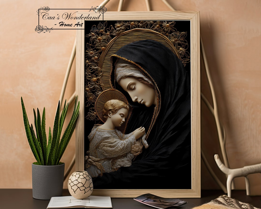 Mother Mary Faux Embroidery Inspired Wall Art, Christian Faux Tapestry ...