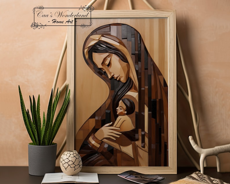 Mother Mary Wood Inlay Wall Art Digital Download, Christian Faux Veneer ...