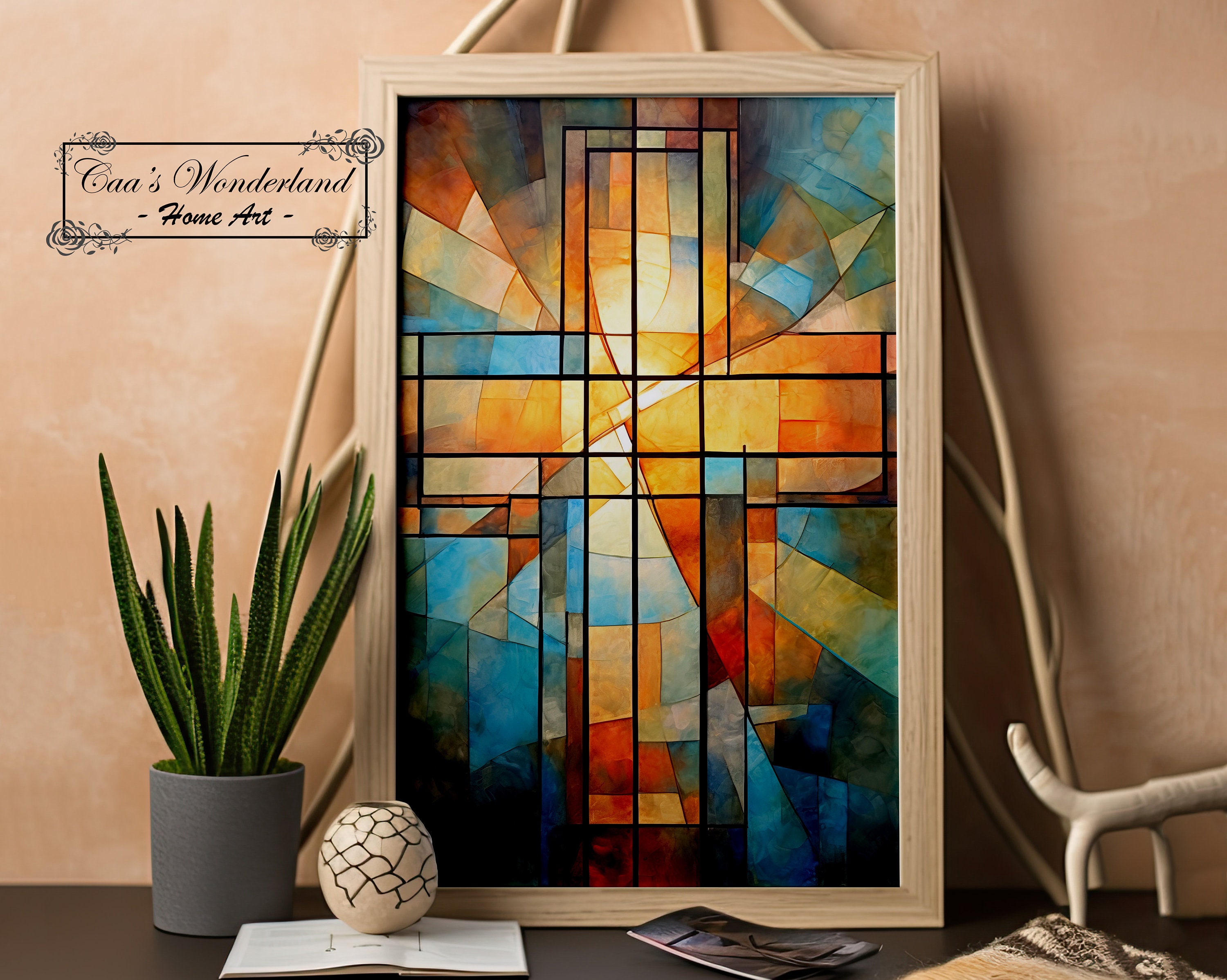 Cross Stained Glass Wall Art, Christian Faux Stained Glass, Printable ...