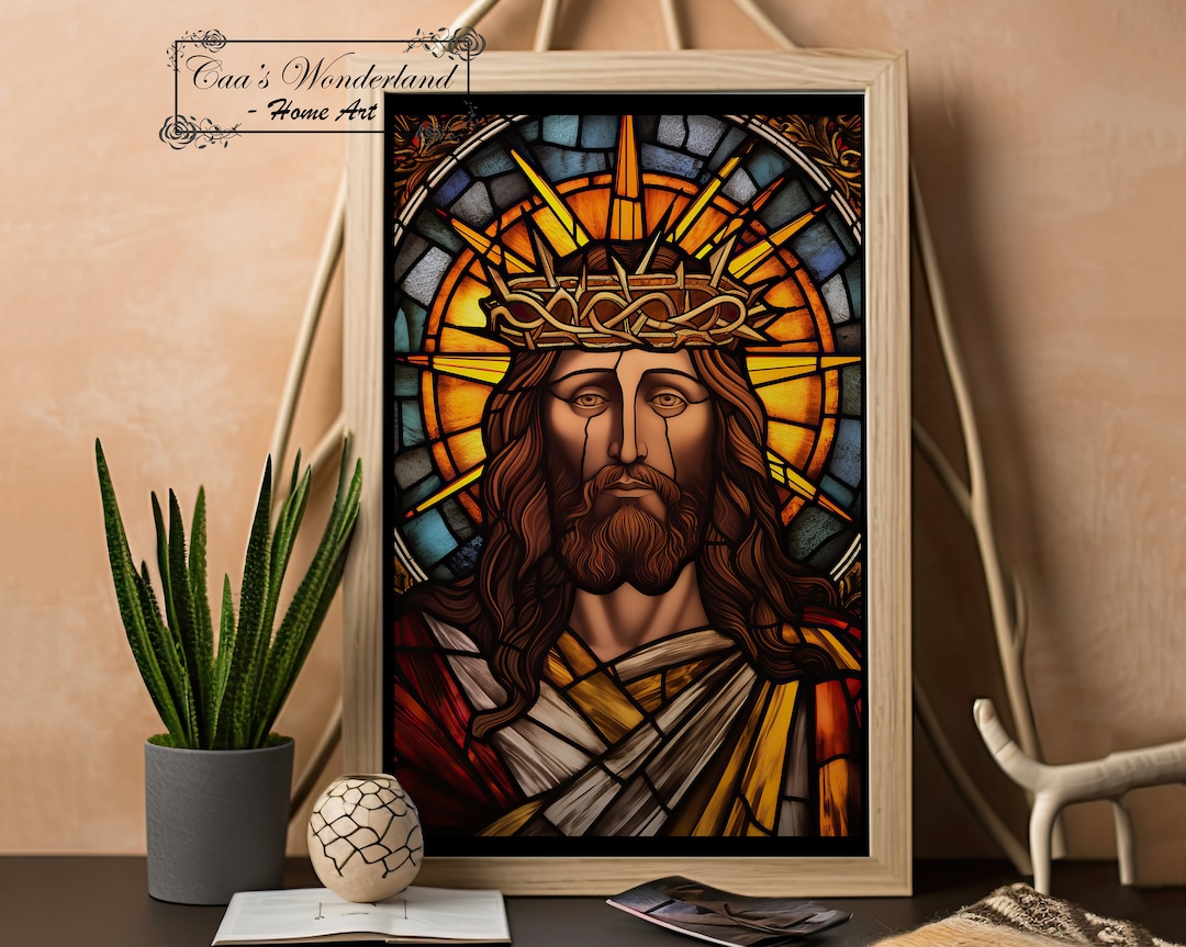 Amber Crown of Thorns Stained Glass Digital Wall Art, Christian Faux ...