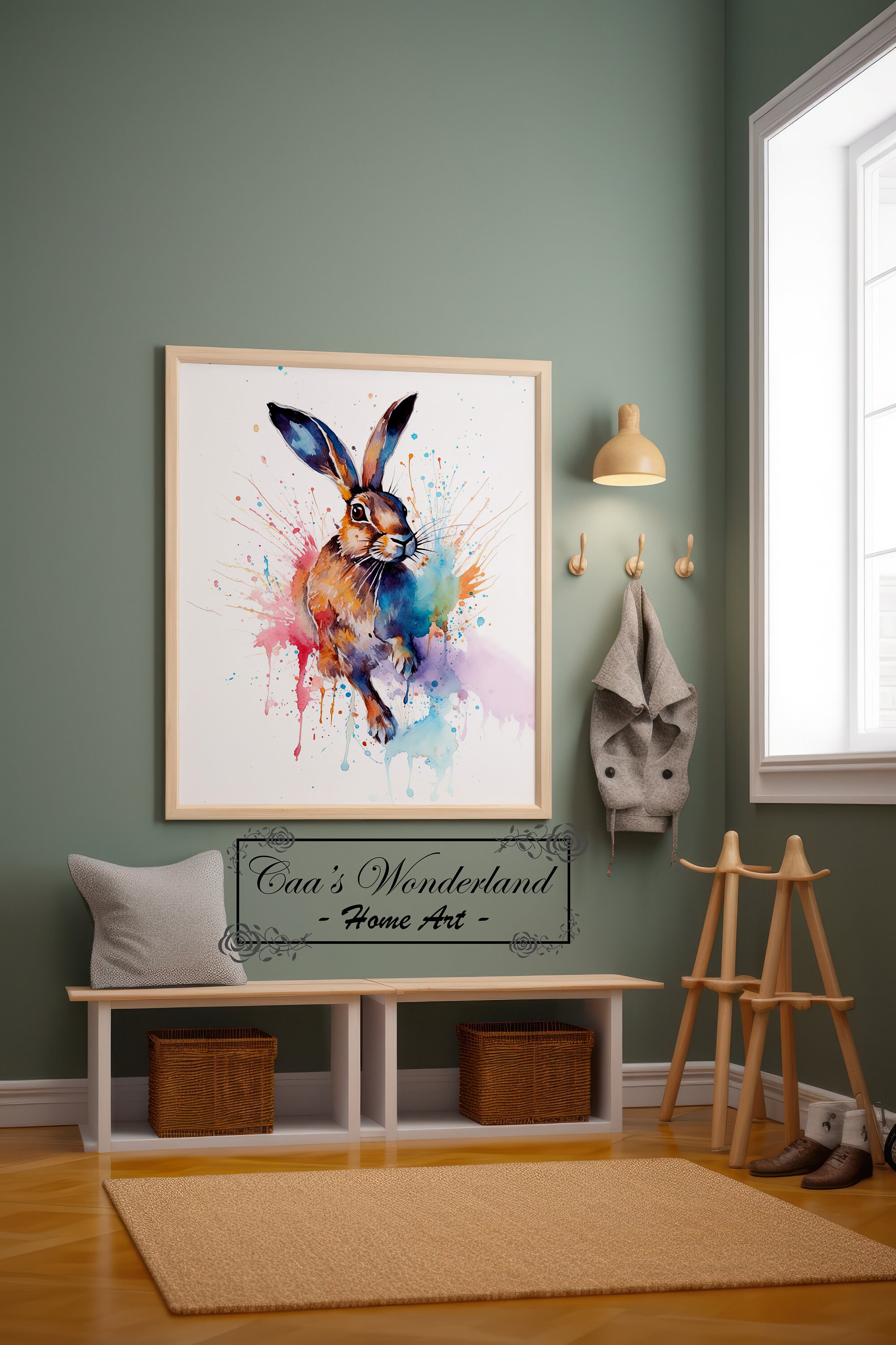 Rabbit Watercolor Painting Digital Wall Art, Vibrant Adorable Nursery ...
