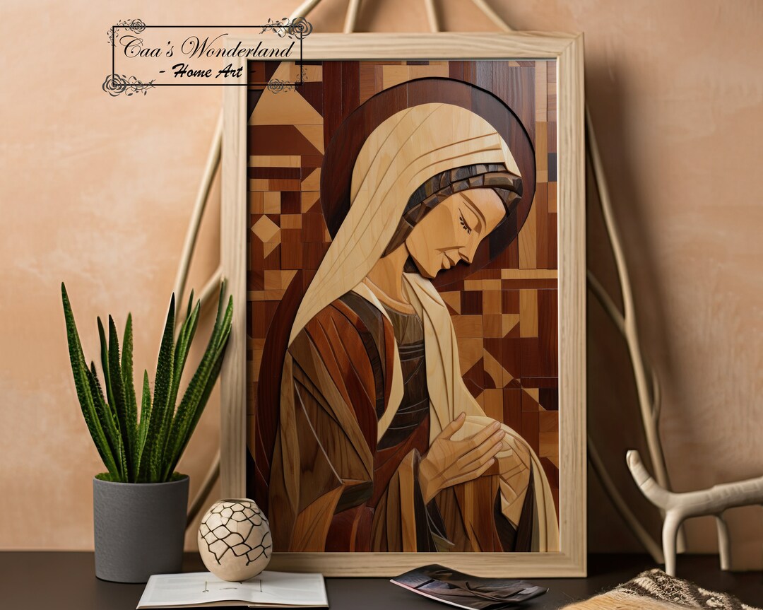 Virgin Mary Wood Inlay Wall Art Digital Download, Christian Faux Veneer ...