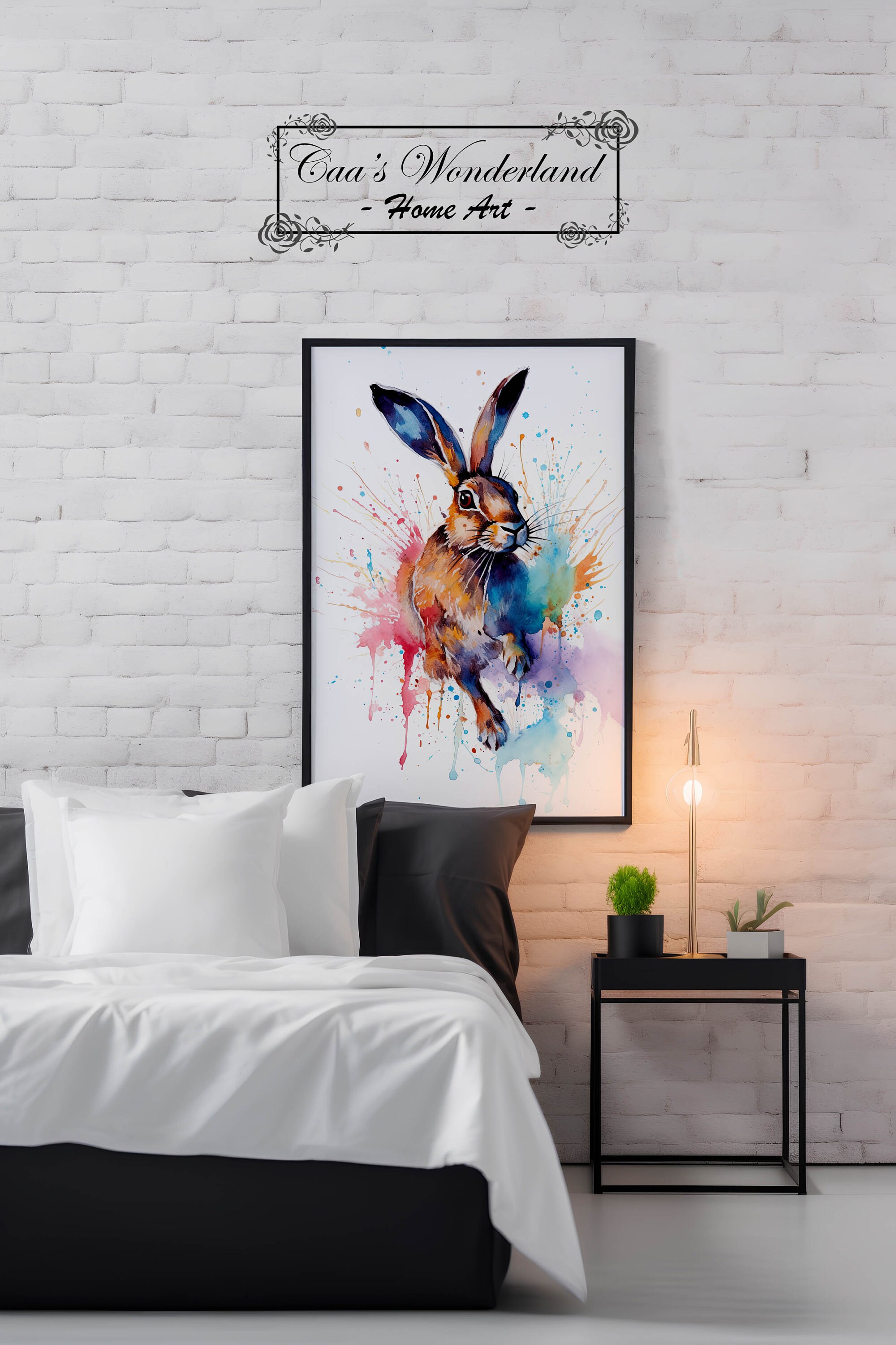 Rabbit Watercolor Painting Digital Wall Art, Vibrant Adorable Nursery ...