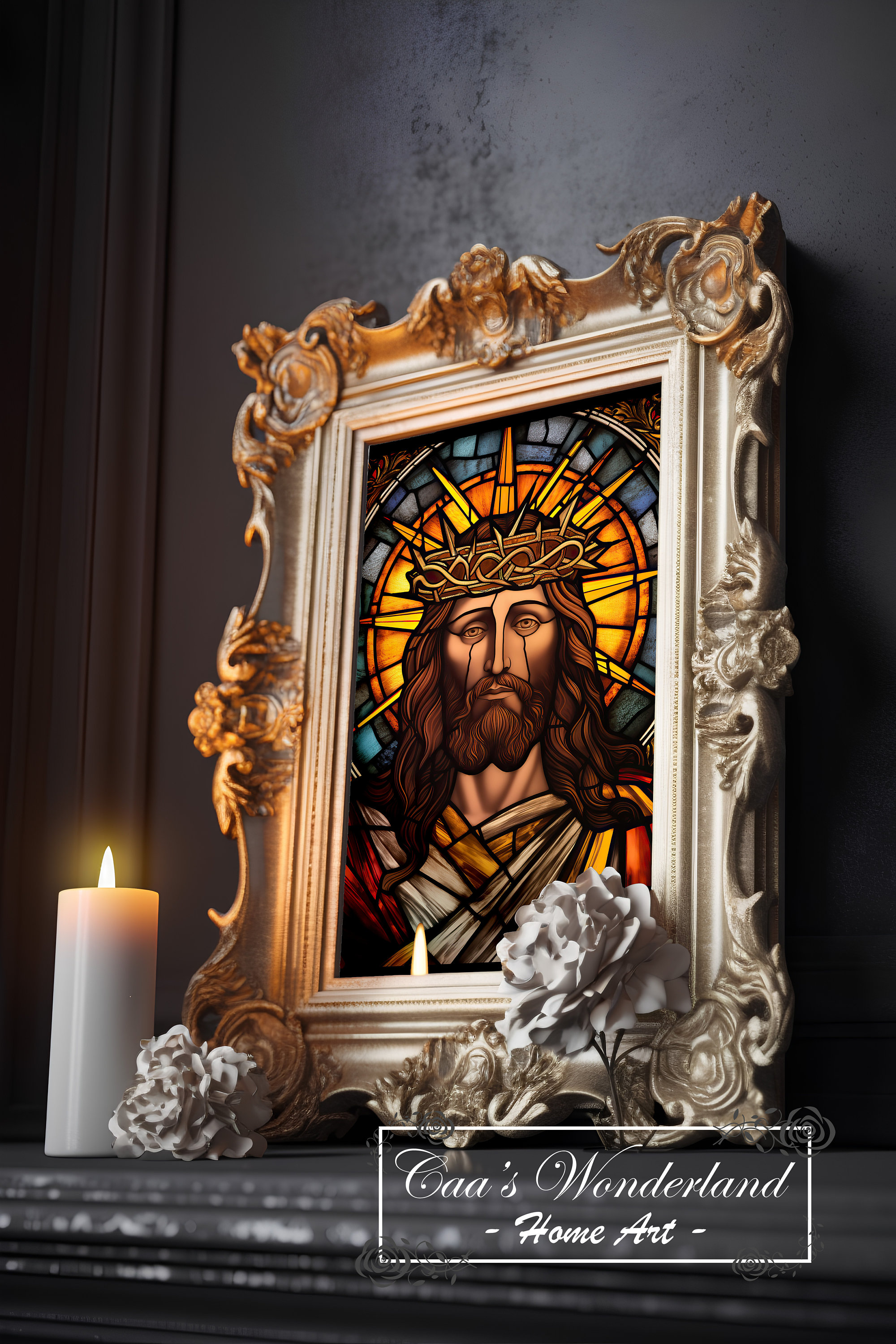Amber Crown of Thorns Stained Glass Digital Wall Art, Christian Faux ...
