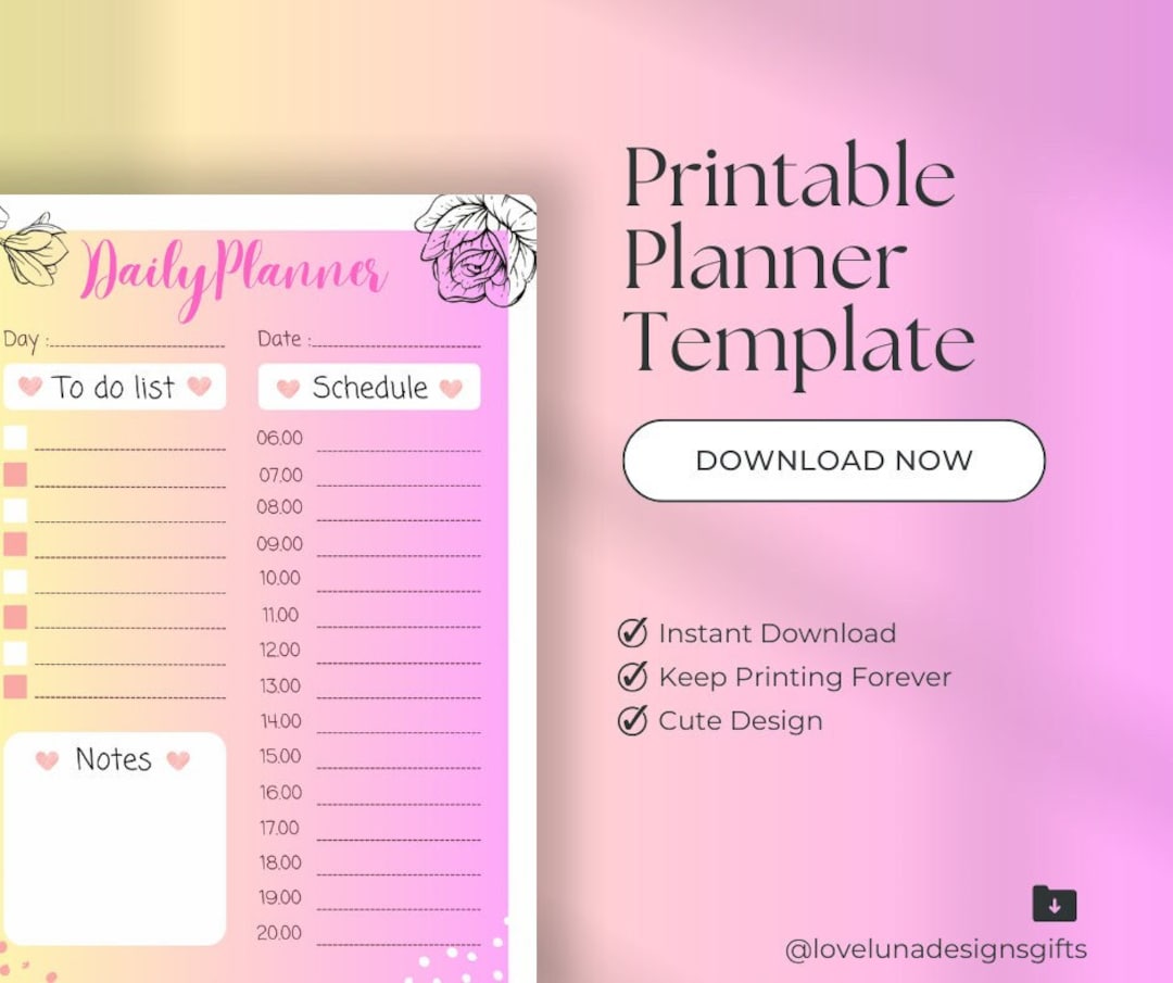 A5 Cute Pink Floral Ombre & Hearts Printable Daily Planner | Work ...