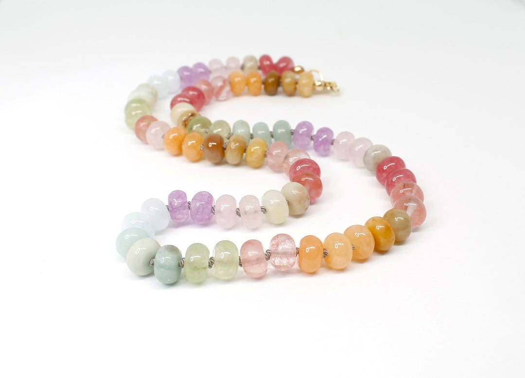 A Pastel Rainbow Colored Gemstone Hand Knotted Gemstone Beaded Necklace ...