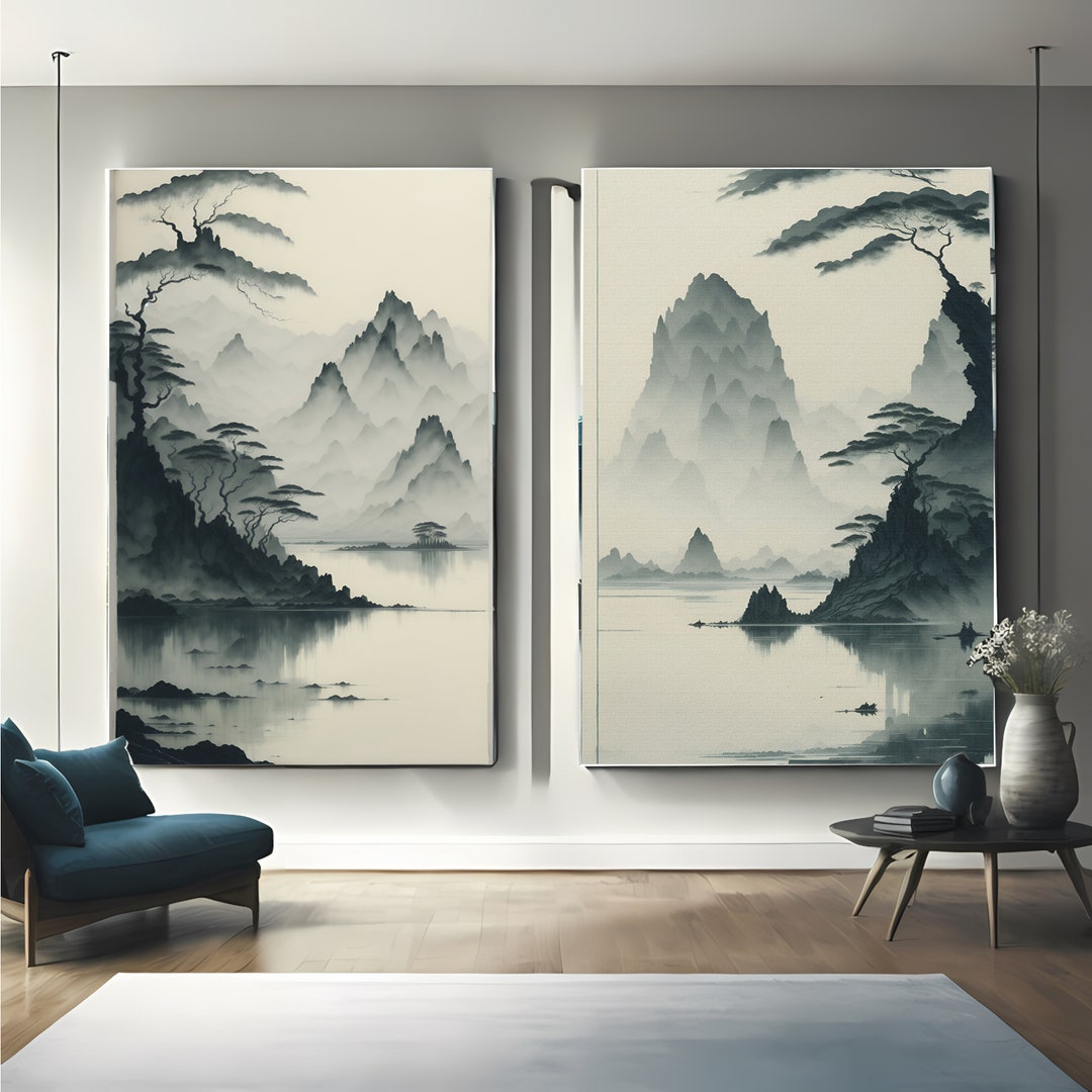 Two Tranquil Japanese Mono Landscapes, Printable Wall Art, Printable ...