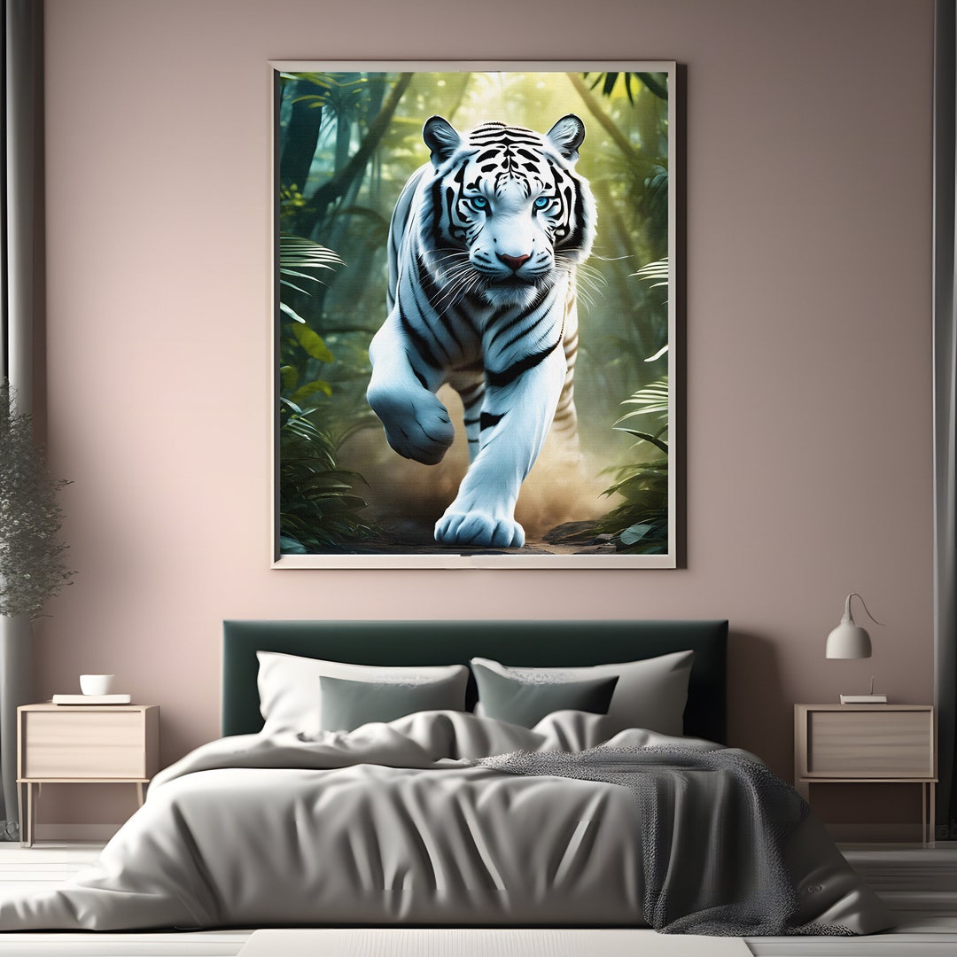 Magnificent White Tiger Hunting in a Lush Green Jungle, Tiger Poster ...