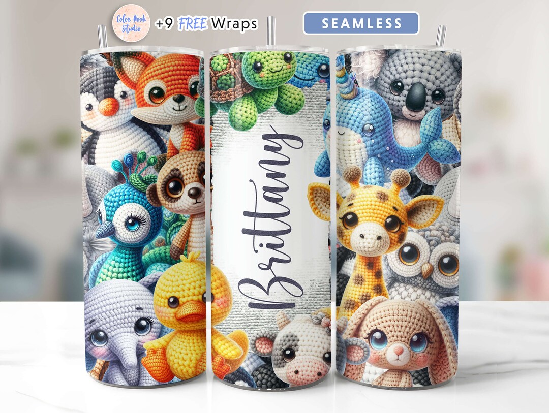 Crochet Tumbler Wrap Cute Animal PNG Add Your Name/text Personalized 20 ...
