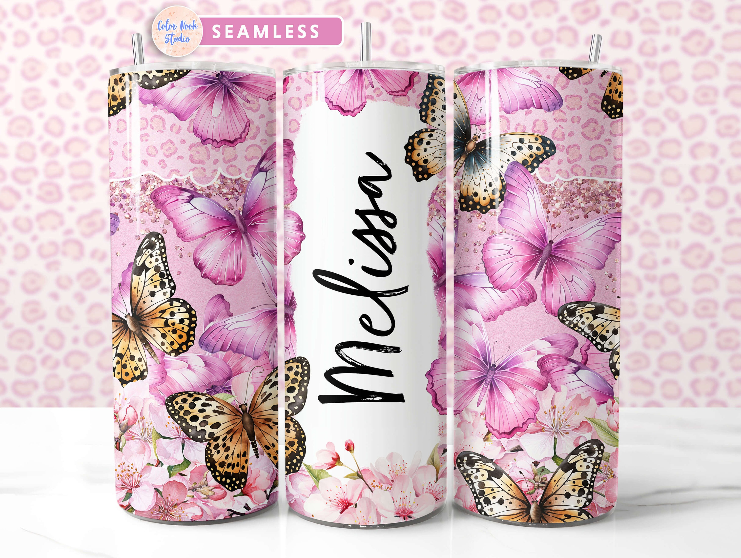 Butterfly Tumbler Wrap Add Your Name PNG Pink Leopard Print - Etsy