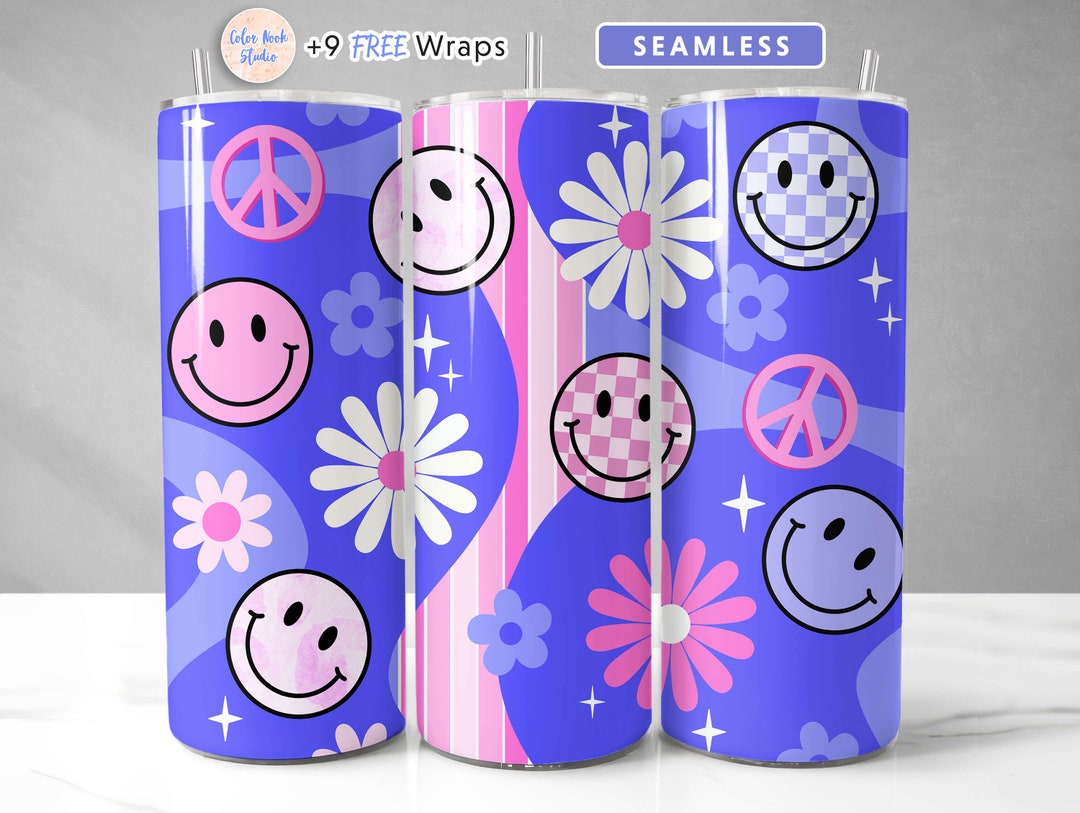 Retro Smiling Face Tumbler Wrap Pink & Blue PNG Peace Sign Seamless ...