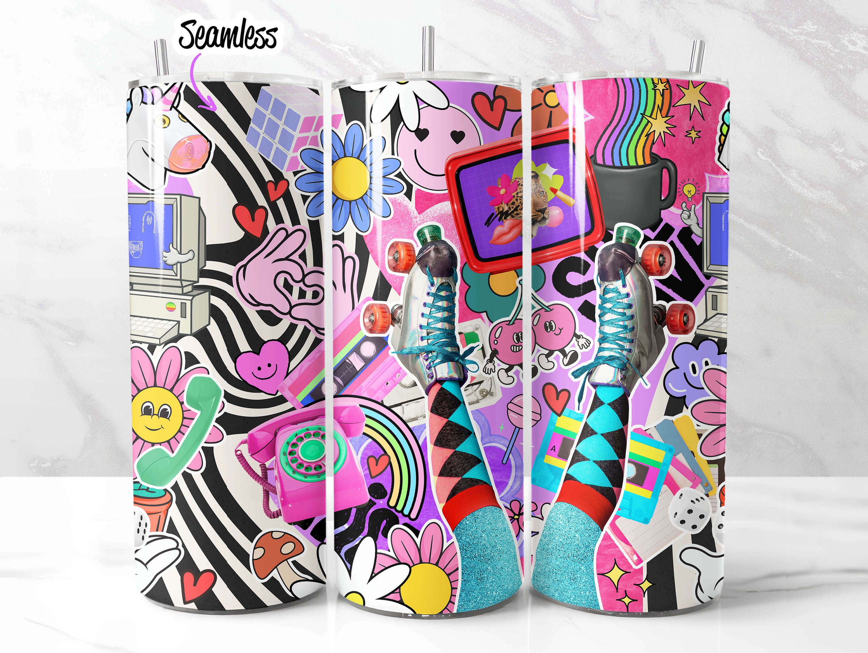 Retro Sticker Tumbler Wrap PNG Seamless Sublimation 20 Oz Tumbler ...