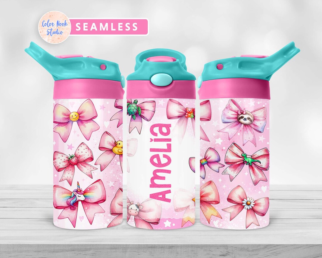 Kids 12 Oz Flip Top Tumbler Wrap PNG Coquette Pink Bow Personalized ...