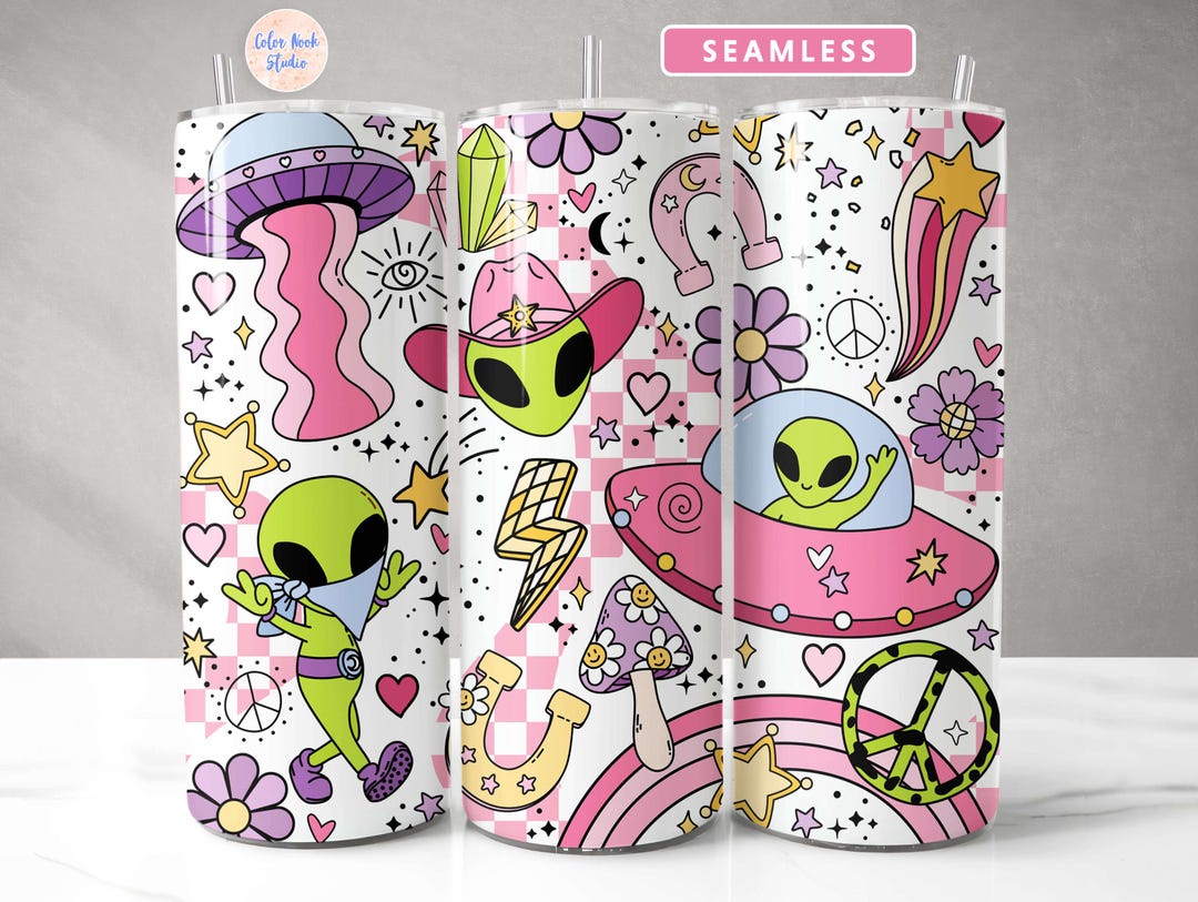 Alien Tumbler Wrap PNG Retro Groovy Checkered Sublimation Seamless 20 ...