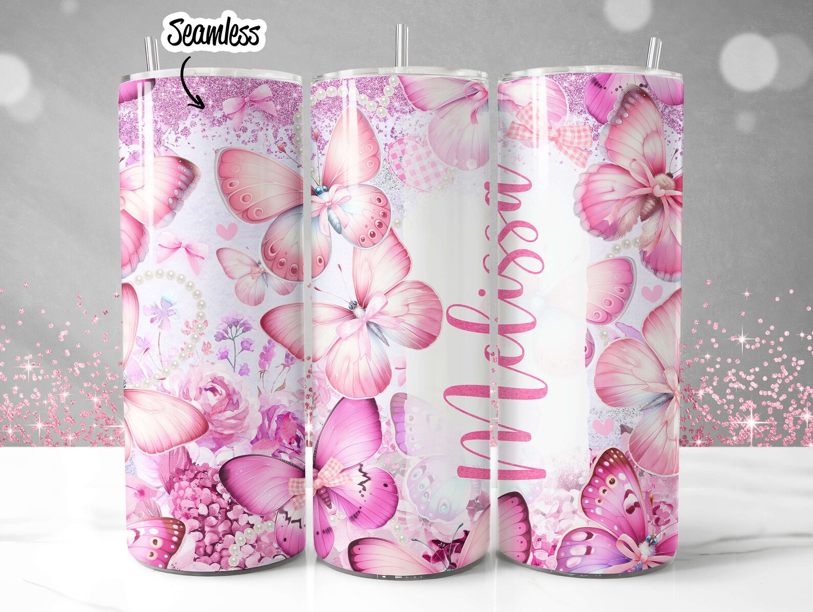 Butterfly Tumbler Wrap Coquette PNG Add Your Name/text Flowers Seamless ...