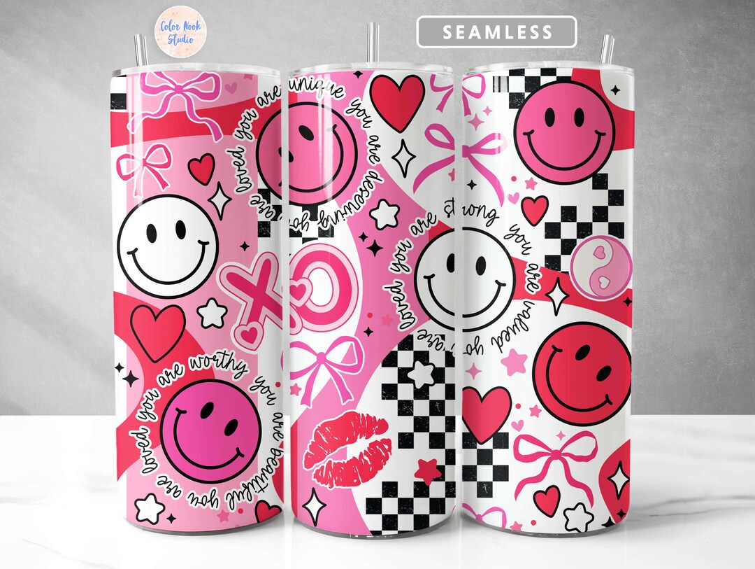 Retro Love Tumbler Wrap PNG Smiling Face Coquette Checkered Sublimation ...