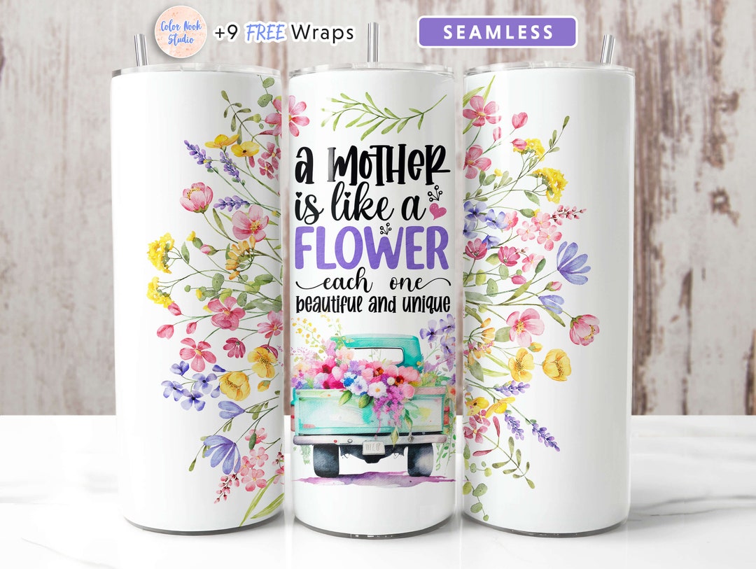 Mother's Day Tumbler Wrap PNG Spring Flowers Teal Pickup Truck Seamless ...