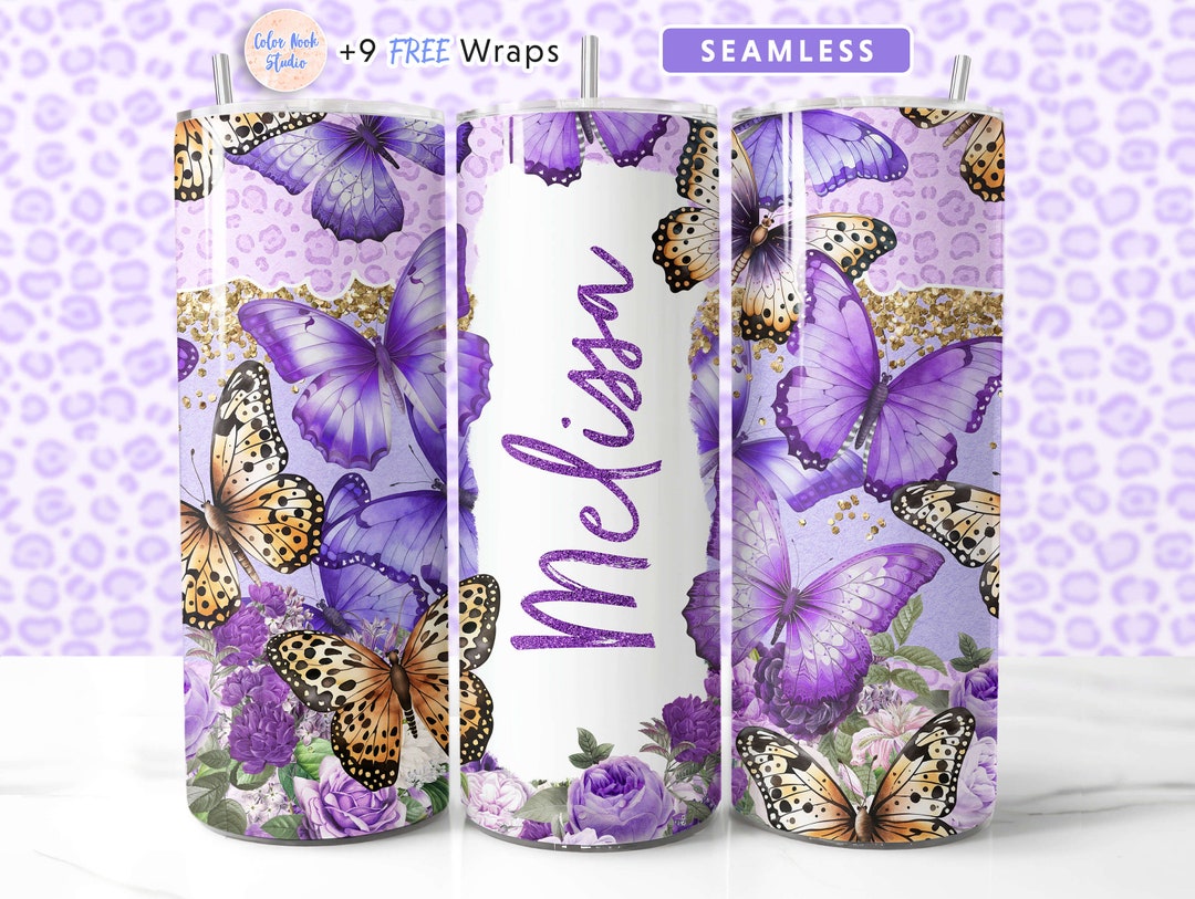 Butterfly Tumbler Wrap Add Your Name PNG Purple and Gold Seamless ...