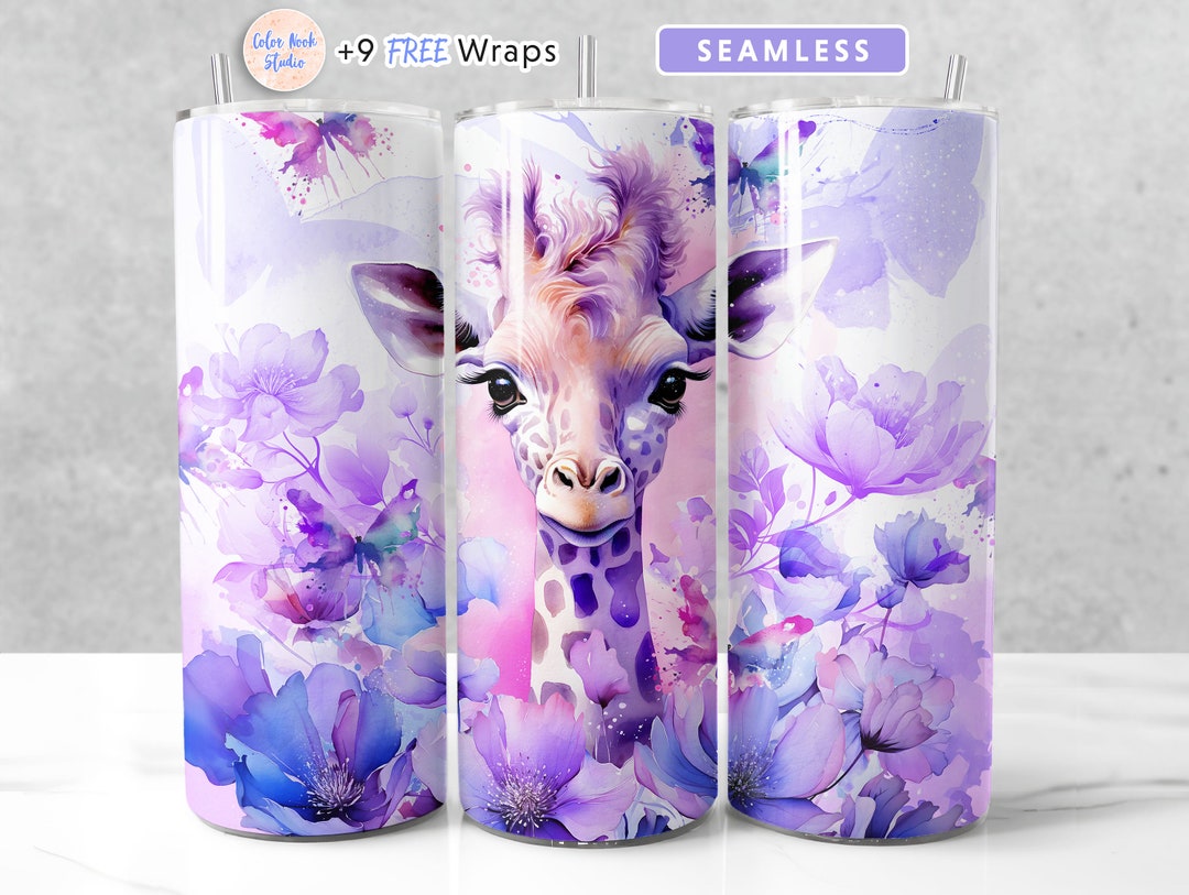 Giraffe 20 Oz Tumbler Wrap PNG Purple Watercolor Seamless Sublimation ...