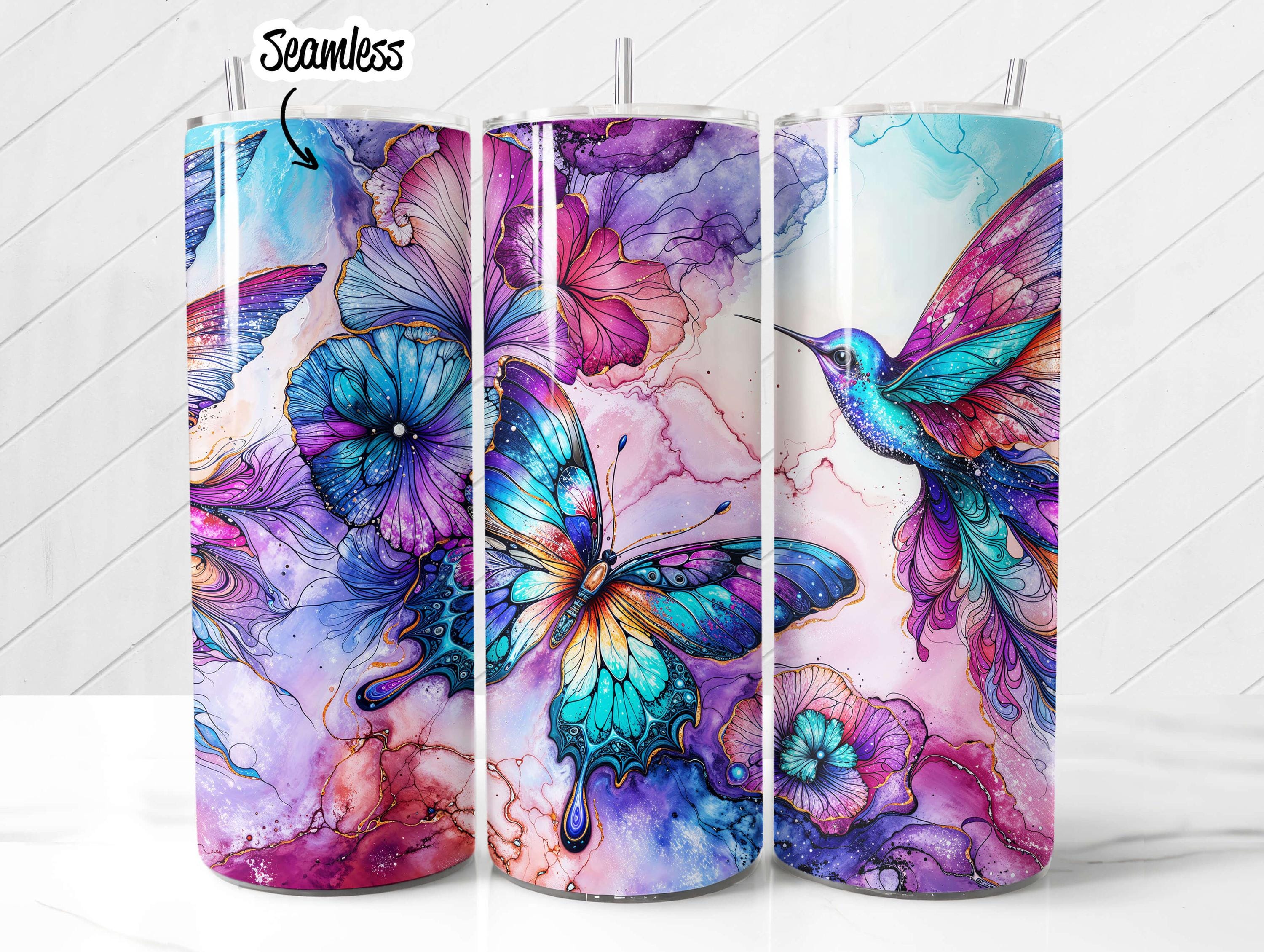 Alcohol Ink Tumbler Wrap Hummingbird & Butterfly PNG Sublimation ...