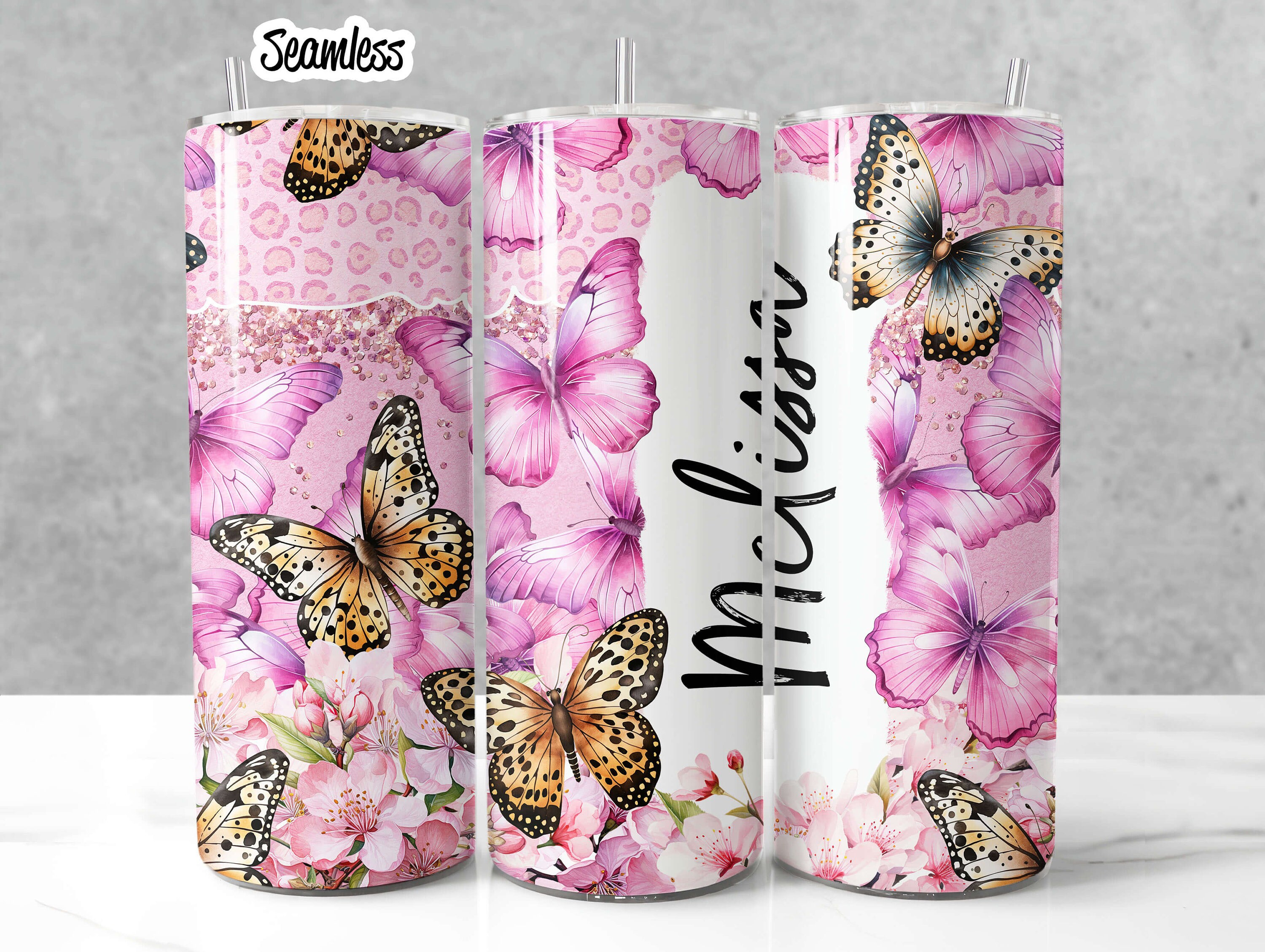 Butterfly Tumbler Wrap Add Your Name PNG Pink Leopard Print - Etsy