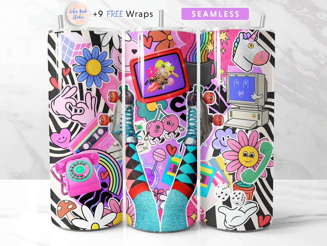 Retro Sticker Tumbler Wrap PNG Seamless Sublimation 20 Oz Tumbler ...