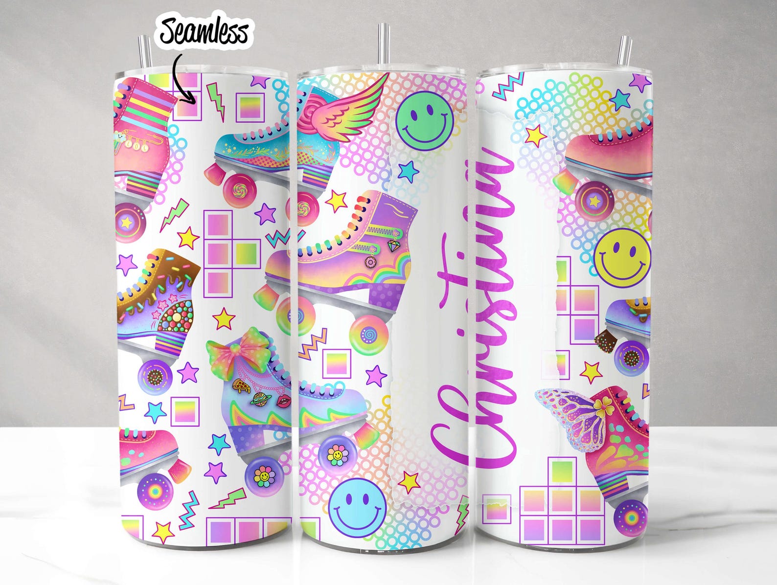 Roller Skates Tumbler Wrap Retro 90s PNG Add Your Own Name 20 Oz Skinny ...