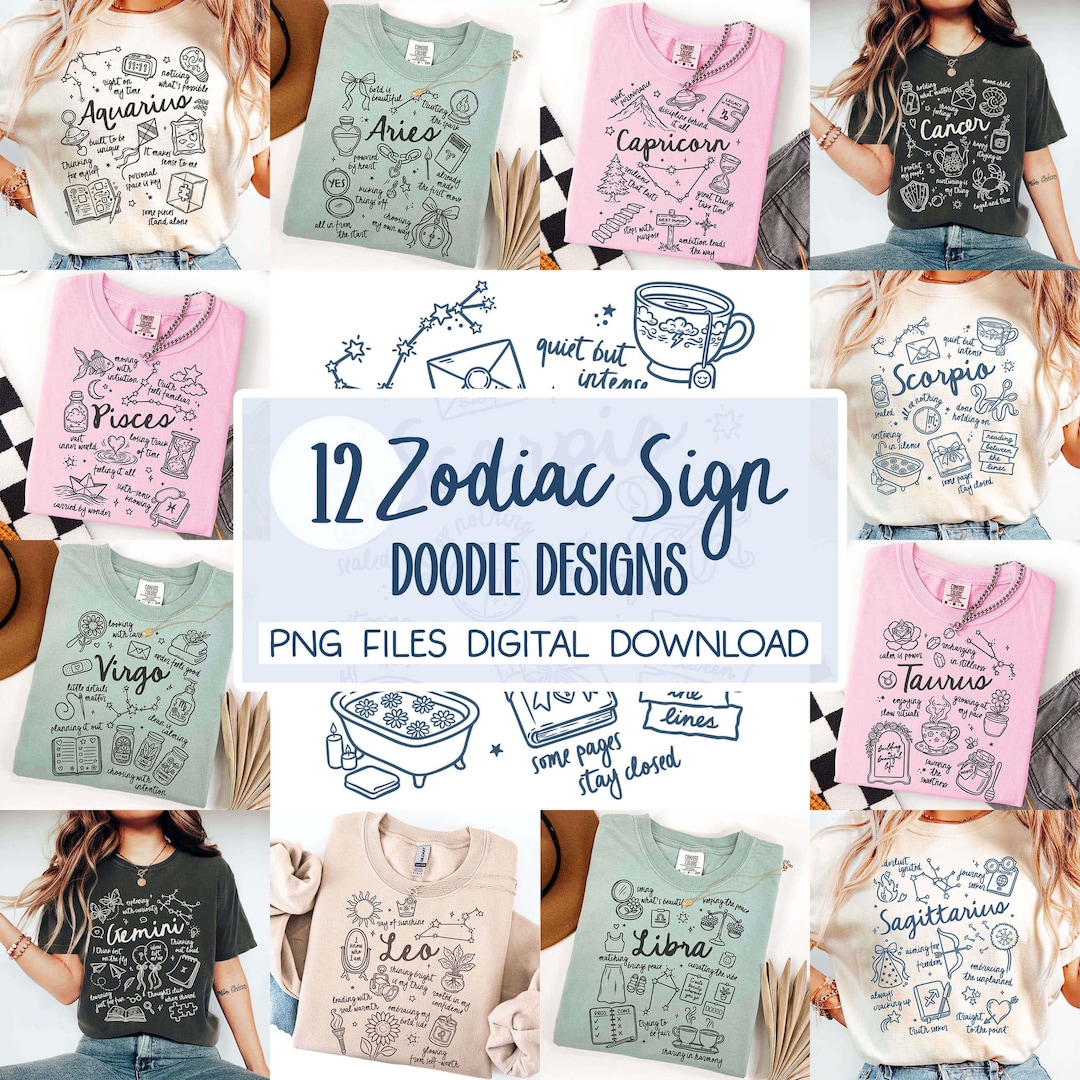 12 Zodiac Signs Bundle PNG, Astrology Doodle Art, Transparent ...