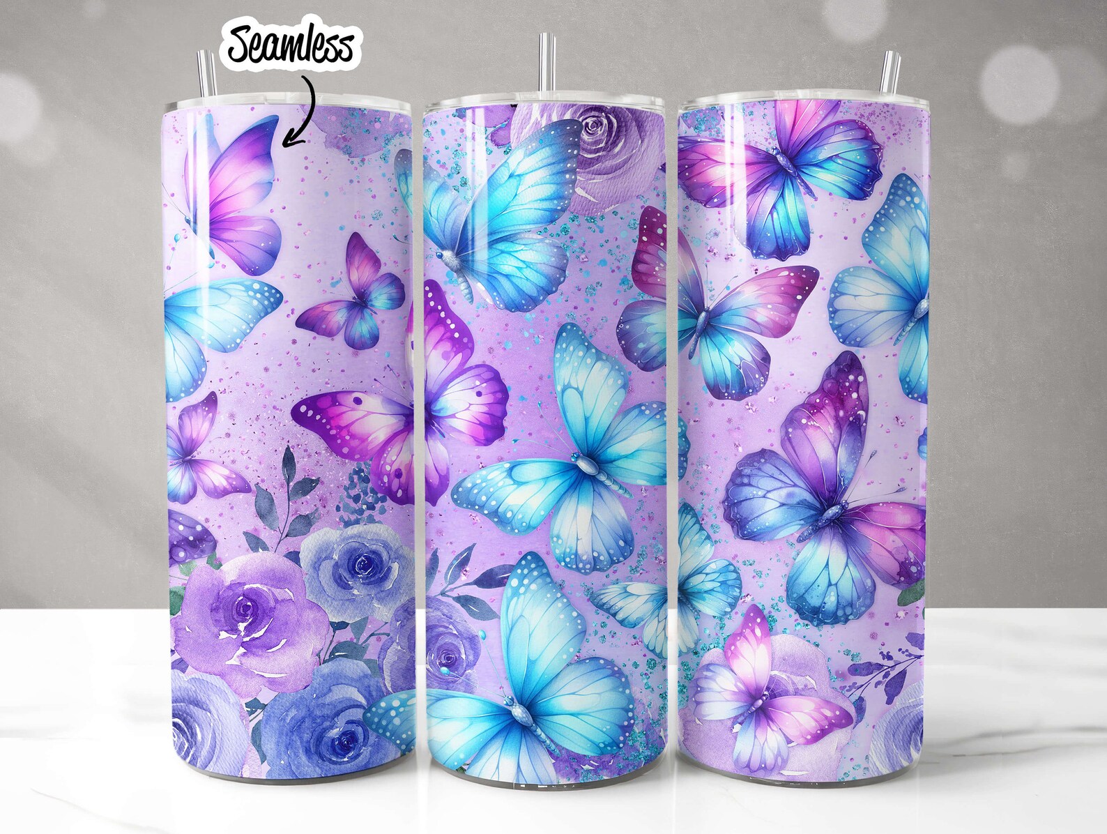 Butterfly Tumbler Wrap Design Blue & Purple Glitter Floral PNG Seamless ...