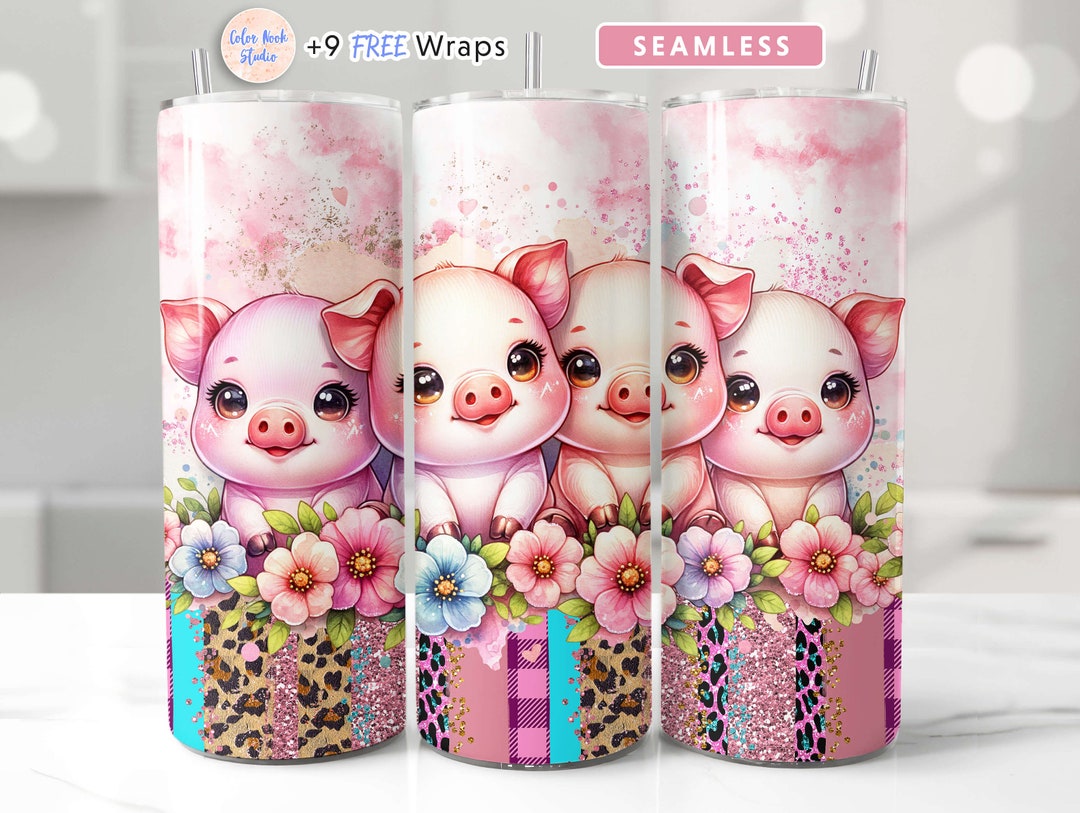 Pig Tumbler Wrap Design Cute Four Pigs Glitter Leopard Print Seamless ...