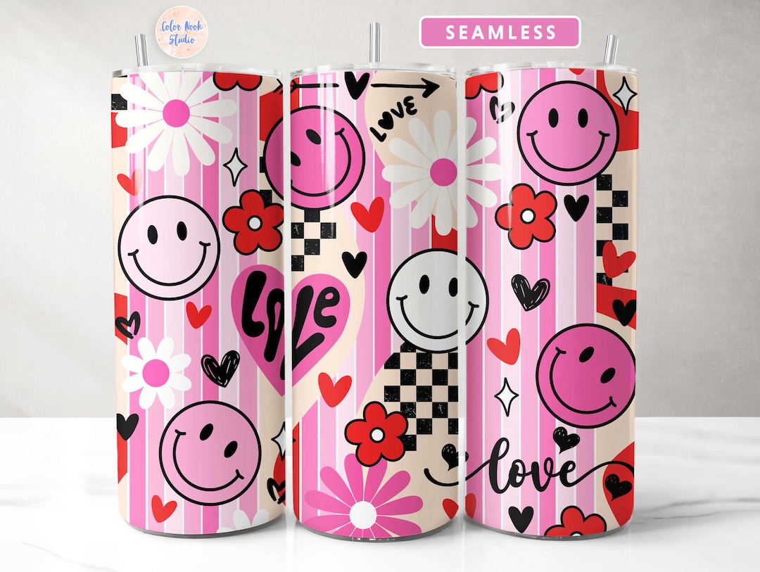 Retro Love Tumbler Wrap PNG Smiling Face Groovy Checkered Sublimation ...