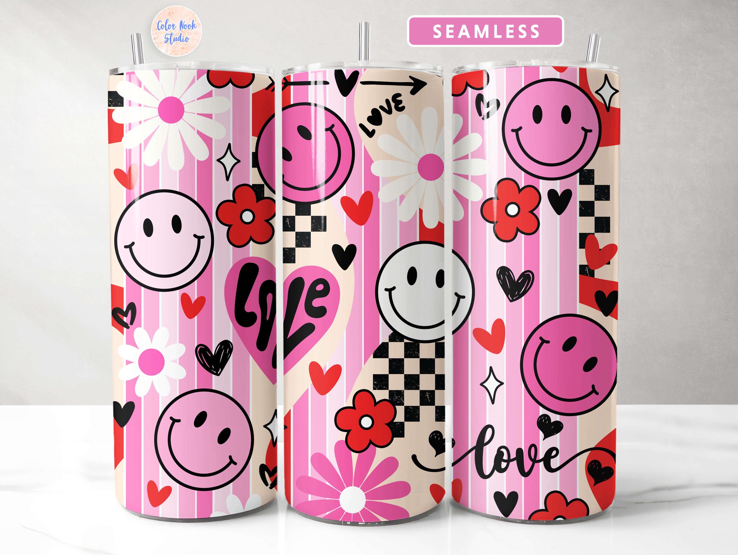 Retro Love Tumbler Wrap PNG Smiling Face Groovy Checkered Sublimation ...