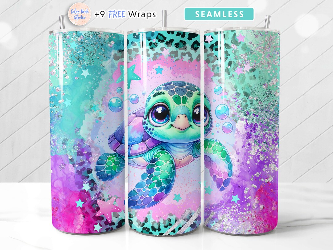 Sea Turtle Tumbler Wrap PNG Pink Purple & Teal Glitter Leopard Print ...