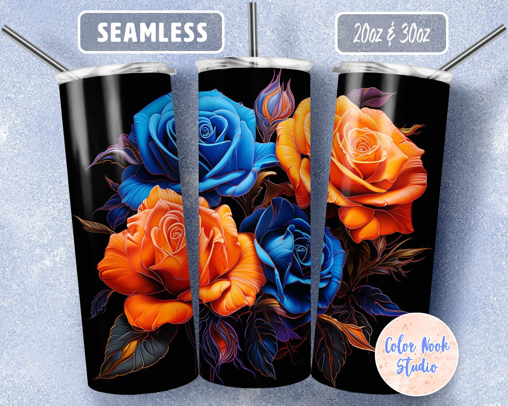Roses Tumbler Wrap 20 Oz & 30 Oz Blue and Orange Sublimation Design ...