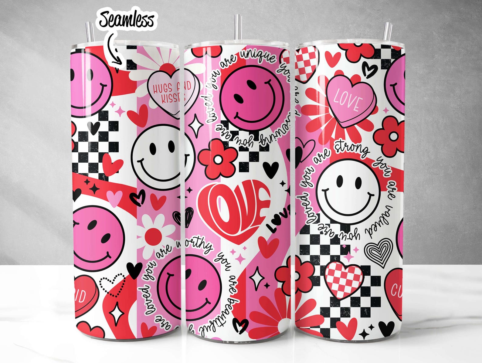 Retro Love Tumbler Wrap PNG Smiling Face Valentine Heart Groovy ...