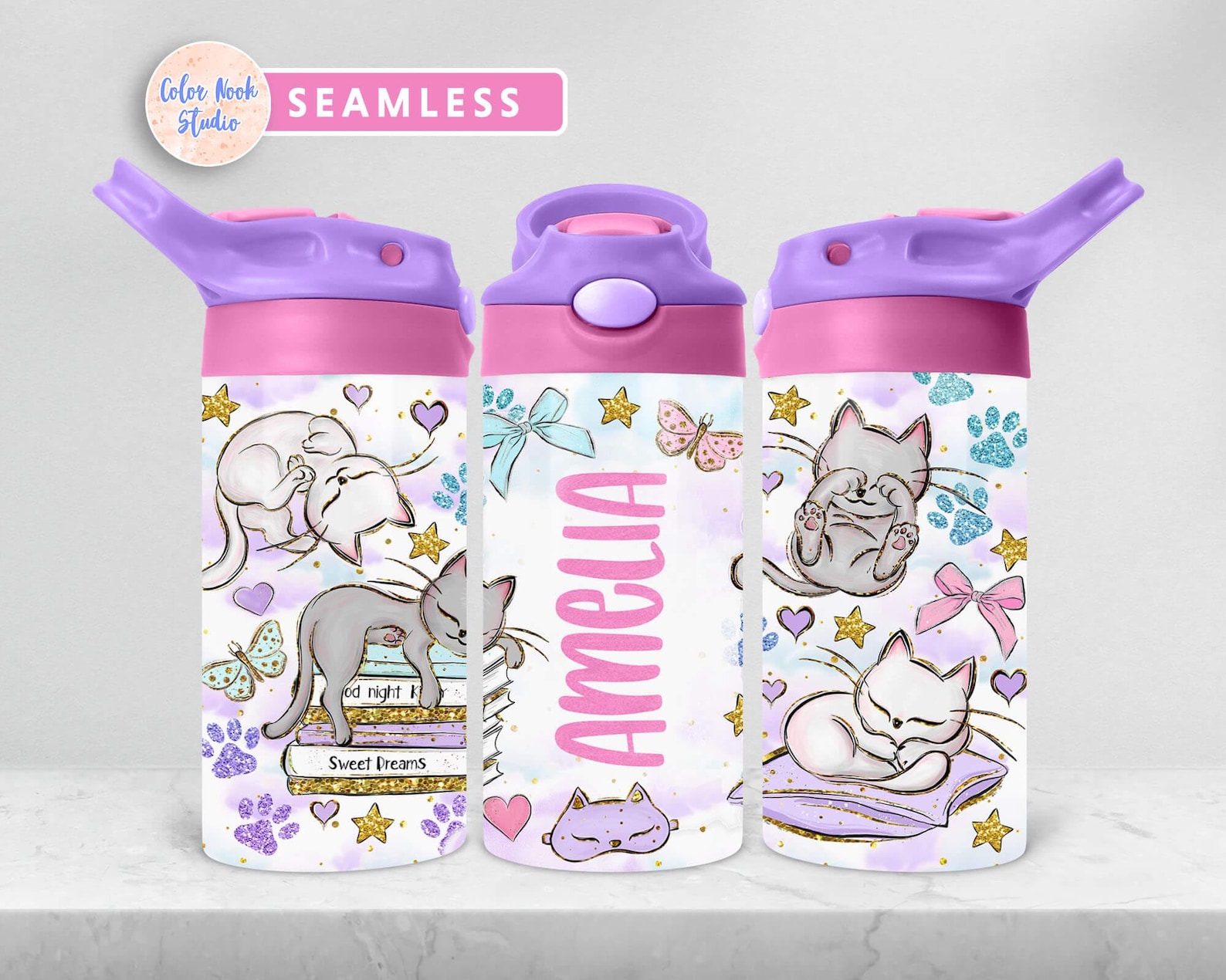 Cat Kids 12 Oz Flip Top Tumbler Wrap PNG Glitter Personalized Water ...
